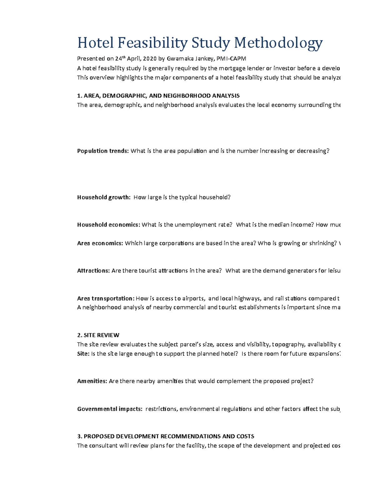 Hotel Feasibility Study Methodology Overview (Course Code: 459217122 ...