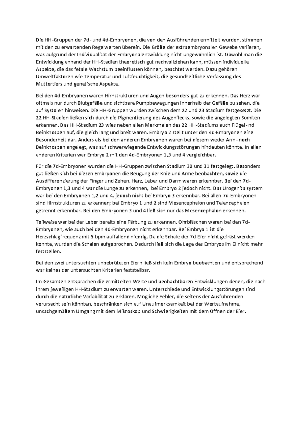 Hühnerembryo Charakterisierung: Entwicklungsanalyse von 4d und 7d ...