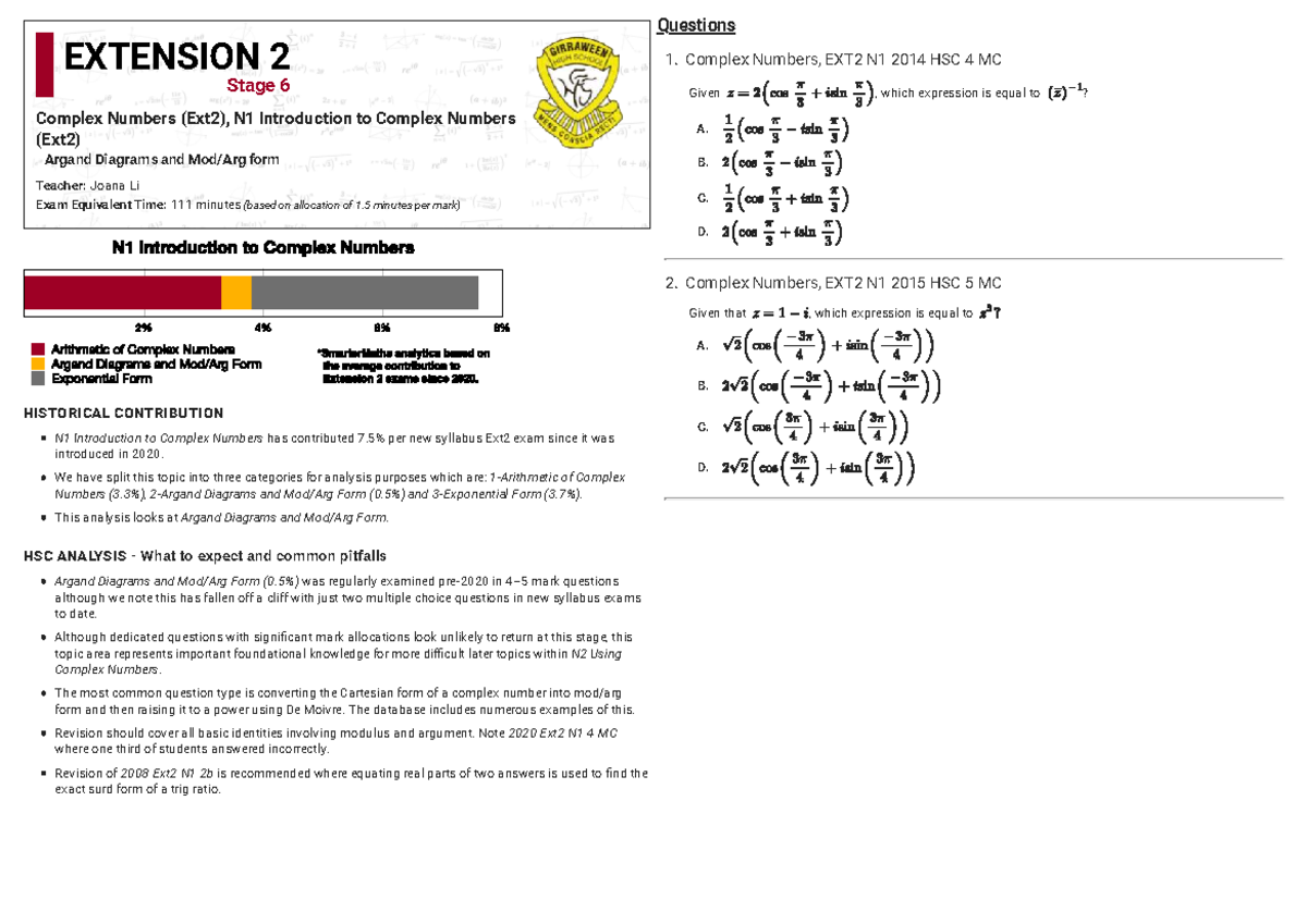 Complex Numbers Analysis: EXT2 N1 HSC Exam Insights and Tips - Studocu