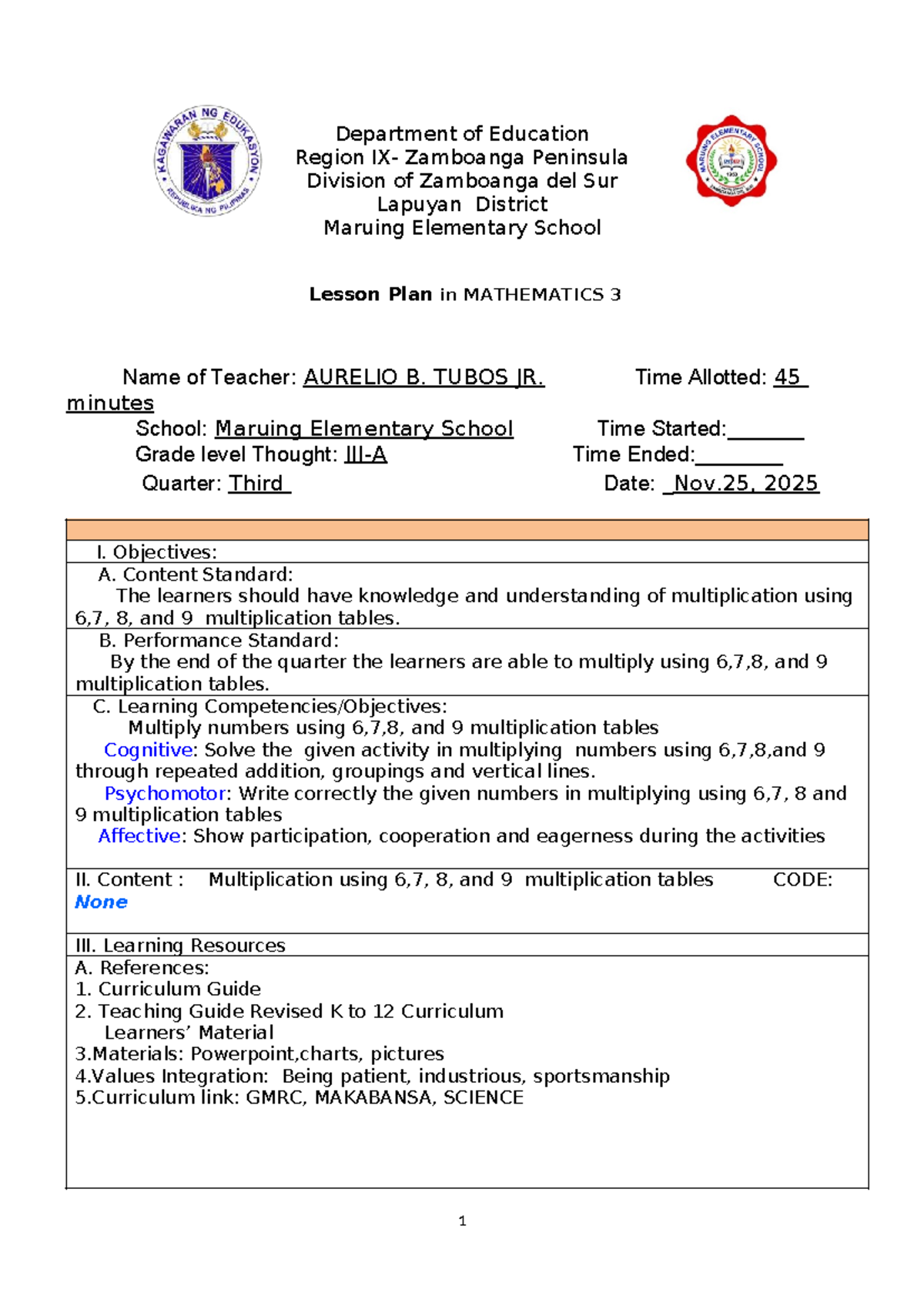 MATHEMATICS 3 Lesson Plan: Multiplication Tables (6-9) - COT - Studocu