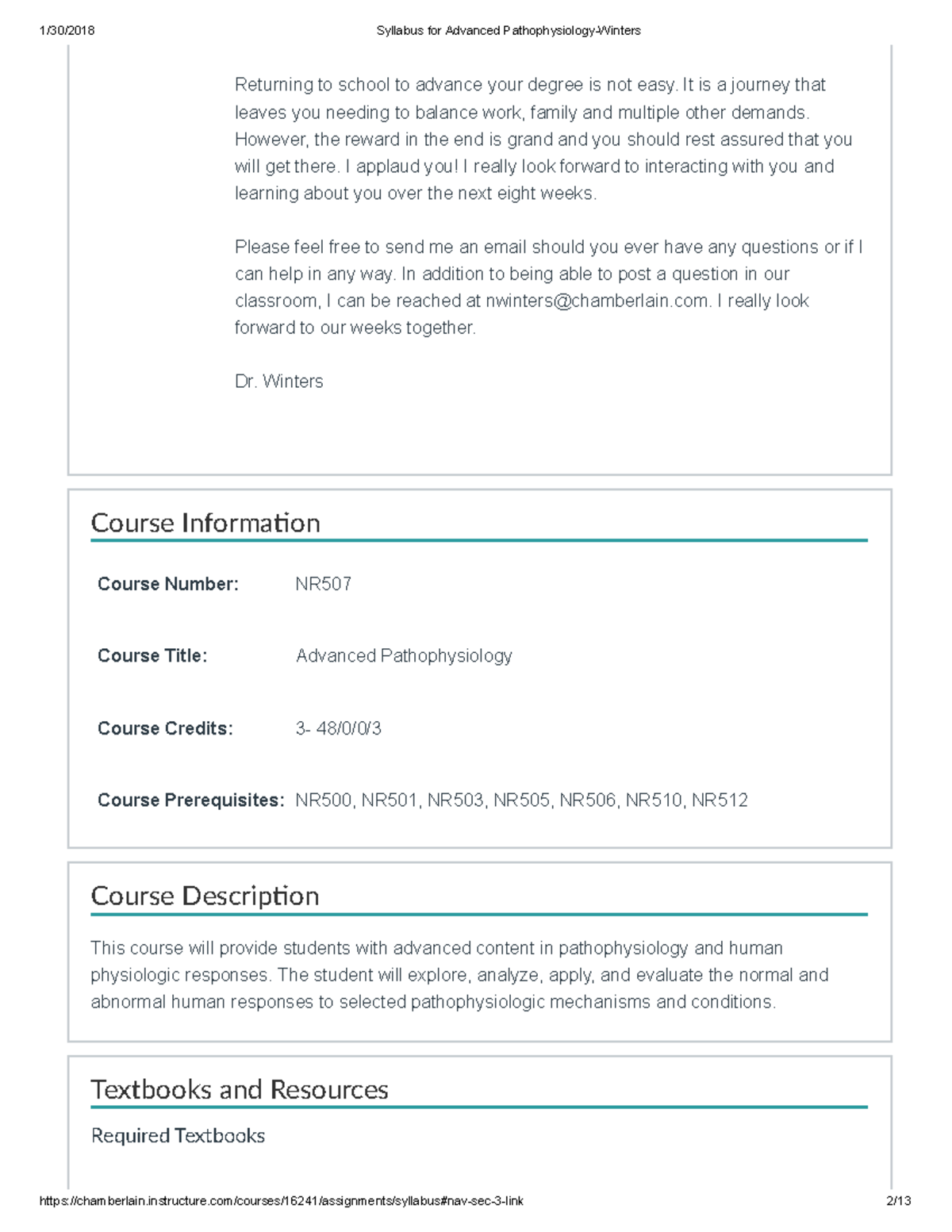 Syllabus for NR Advanced Pathophysiology 1: Course Overview and Details ...