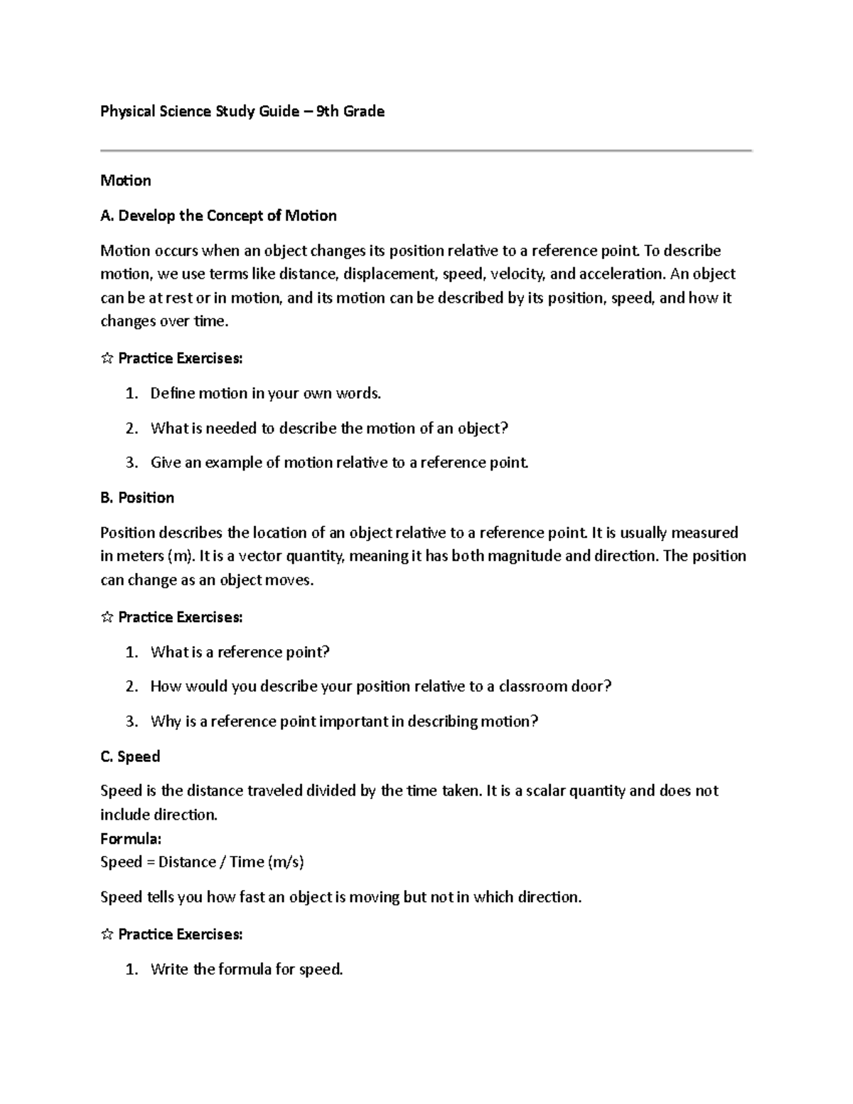 Physical Science Study Guide: Motion, Forces, Energy, Work (9th Grade ...