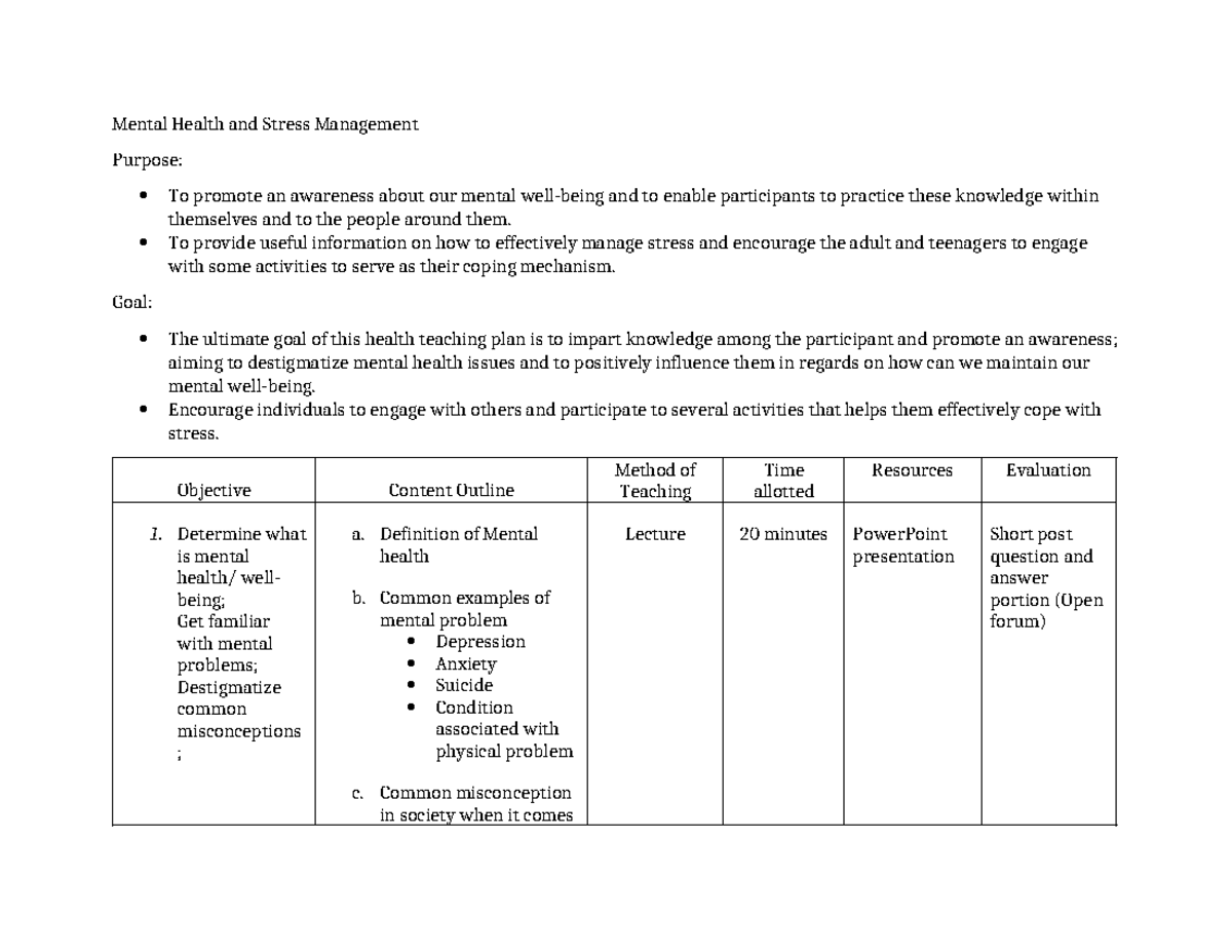Mental Health & Stress Management Teaching Plan (MHSM 101) - Studocu