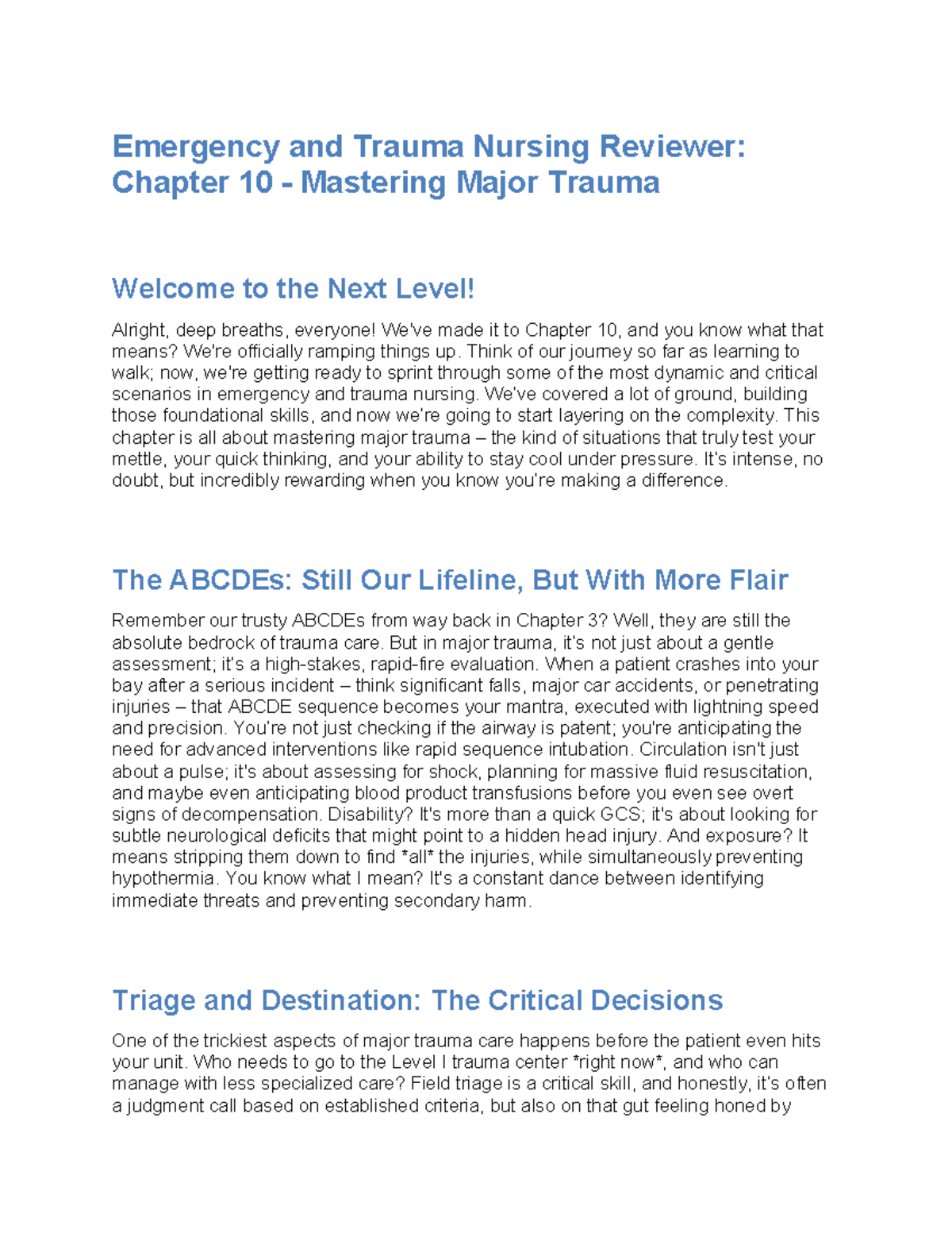 Emergency & Trauma Nursing Reviewer: Ch 10 Mastering Major Trauma - Studocu