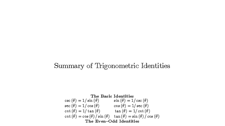 Summary of Trigonometric Identities for Math 101 - Studocu