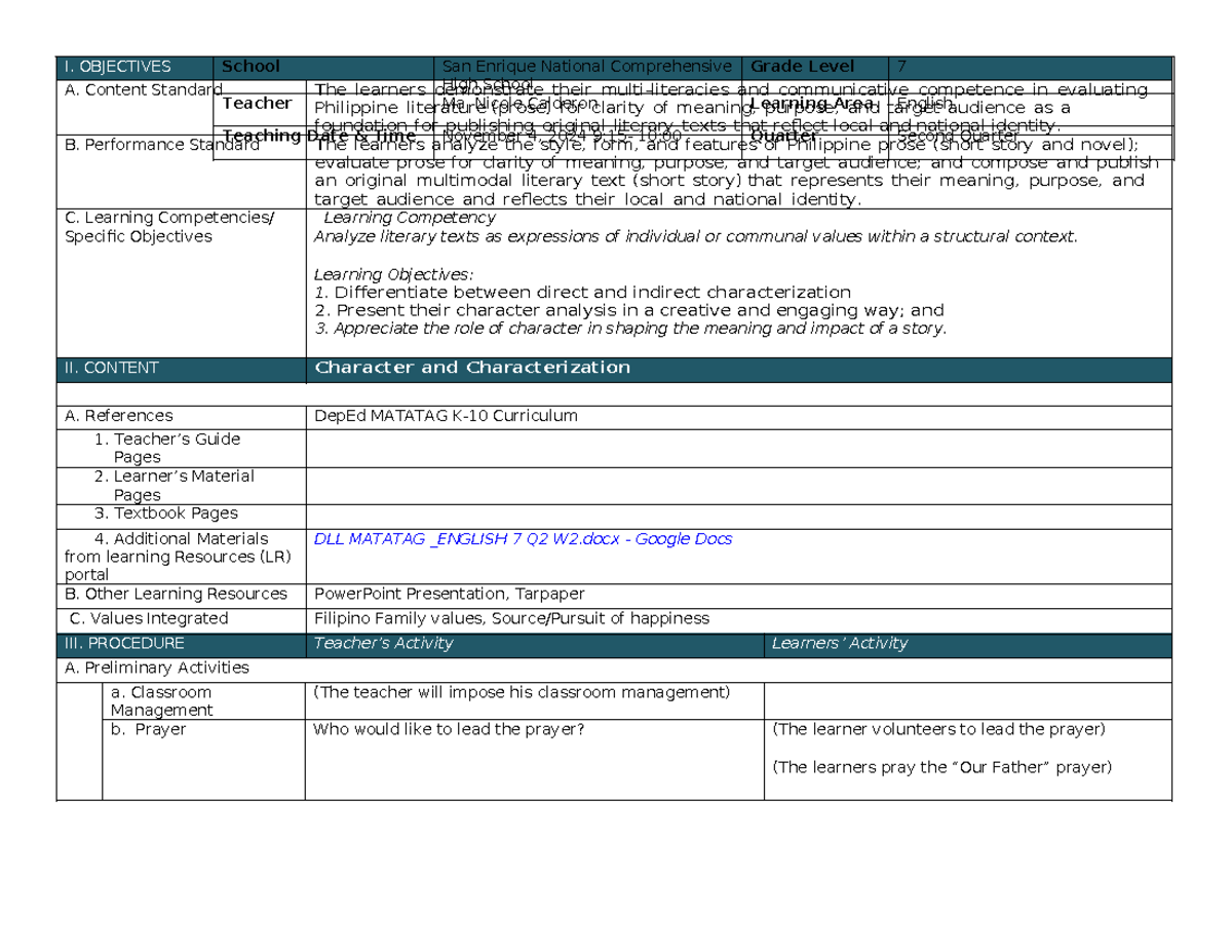 English 7 - Character Analysis & Characterization Strategies - Studocu