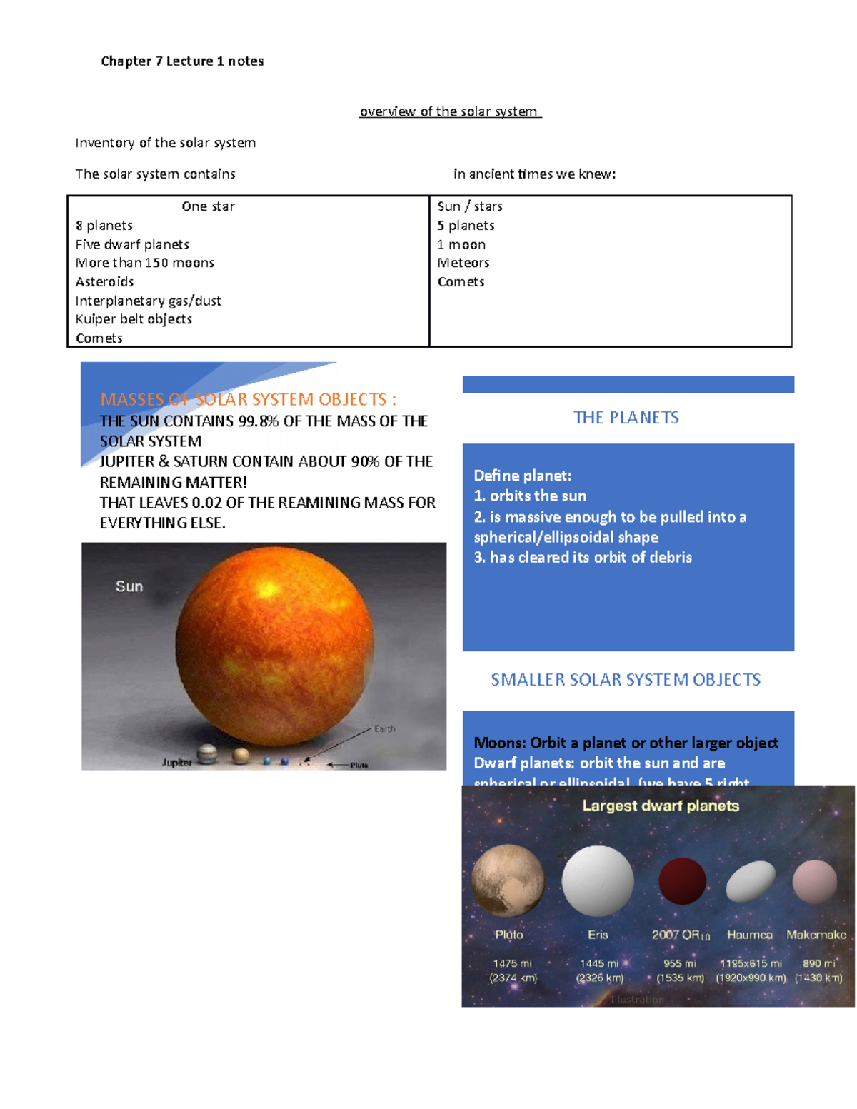 Chapter 7 lecture 1 - Chapter 7 Lecture 1 notes overview of the solar ...
