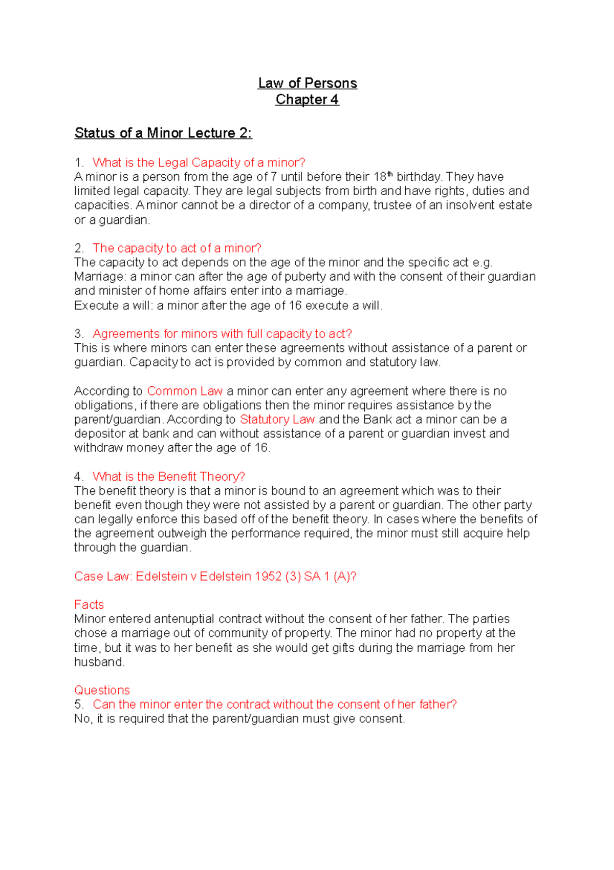 Law of Persons (LAW101) Chapter 4: Status of Minors Complete Notes ...