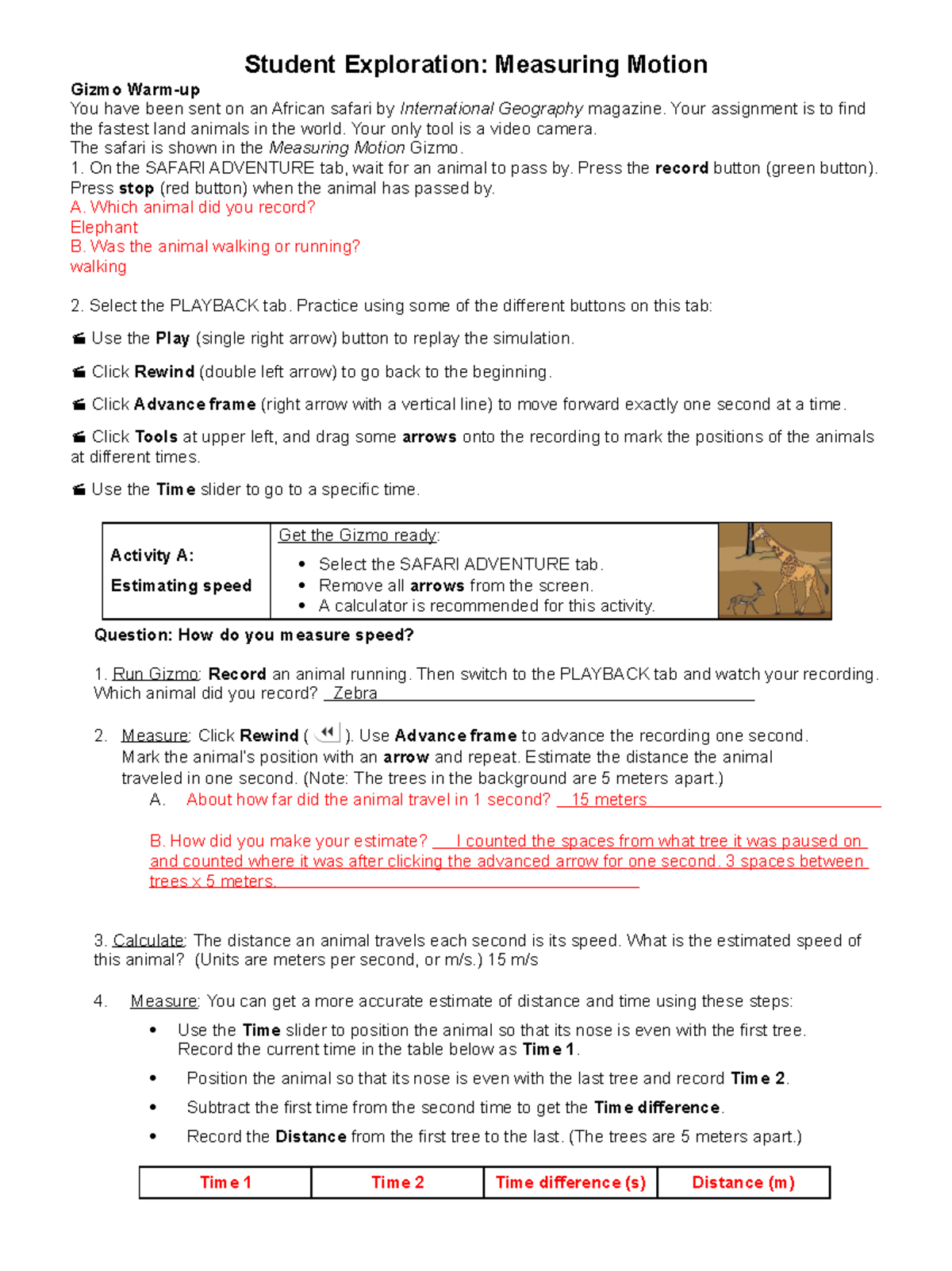 Measuring Motion Gizmo - Student Exploration Assignment (11th Grade ...