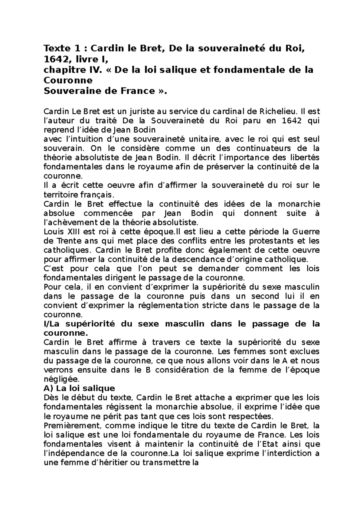 : Cardin le Bret, De la souveraineté du Roi, 1642, livre I, chapitre IV. « De la loi salique et ...