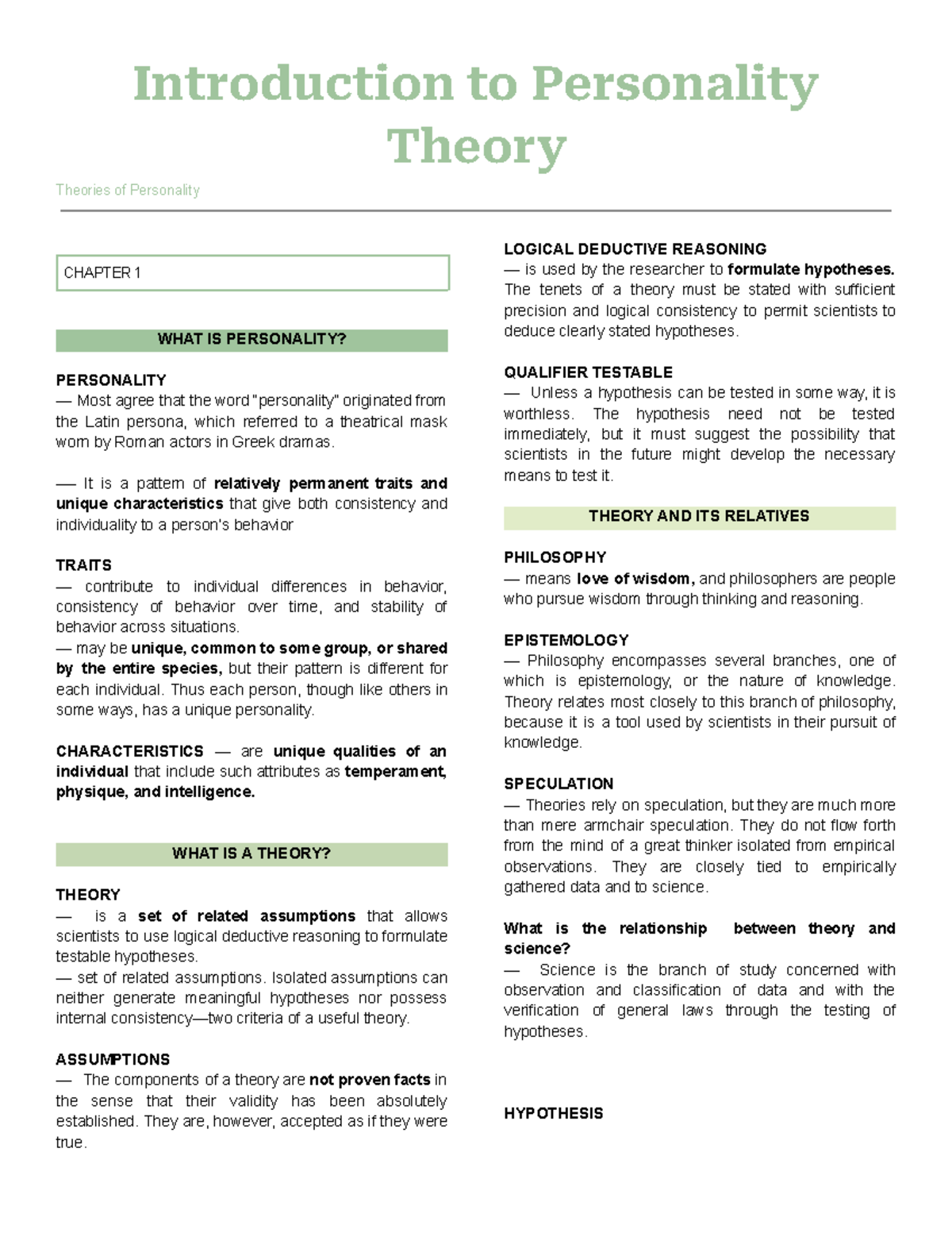 Introduction to Personality Theory: Chapter 1 Overview of Key Concepts ...
