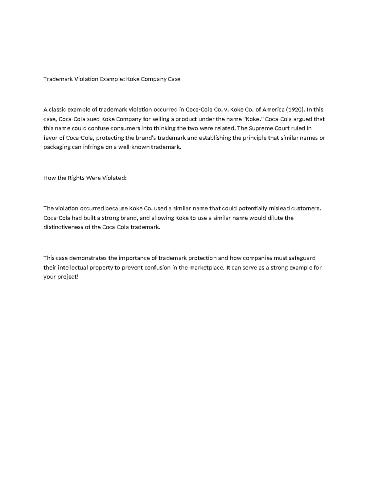 Trademark Violation Case Study: Koke Co. & Brand Protection (Assignment ...