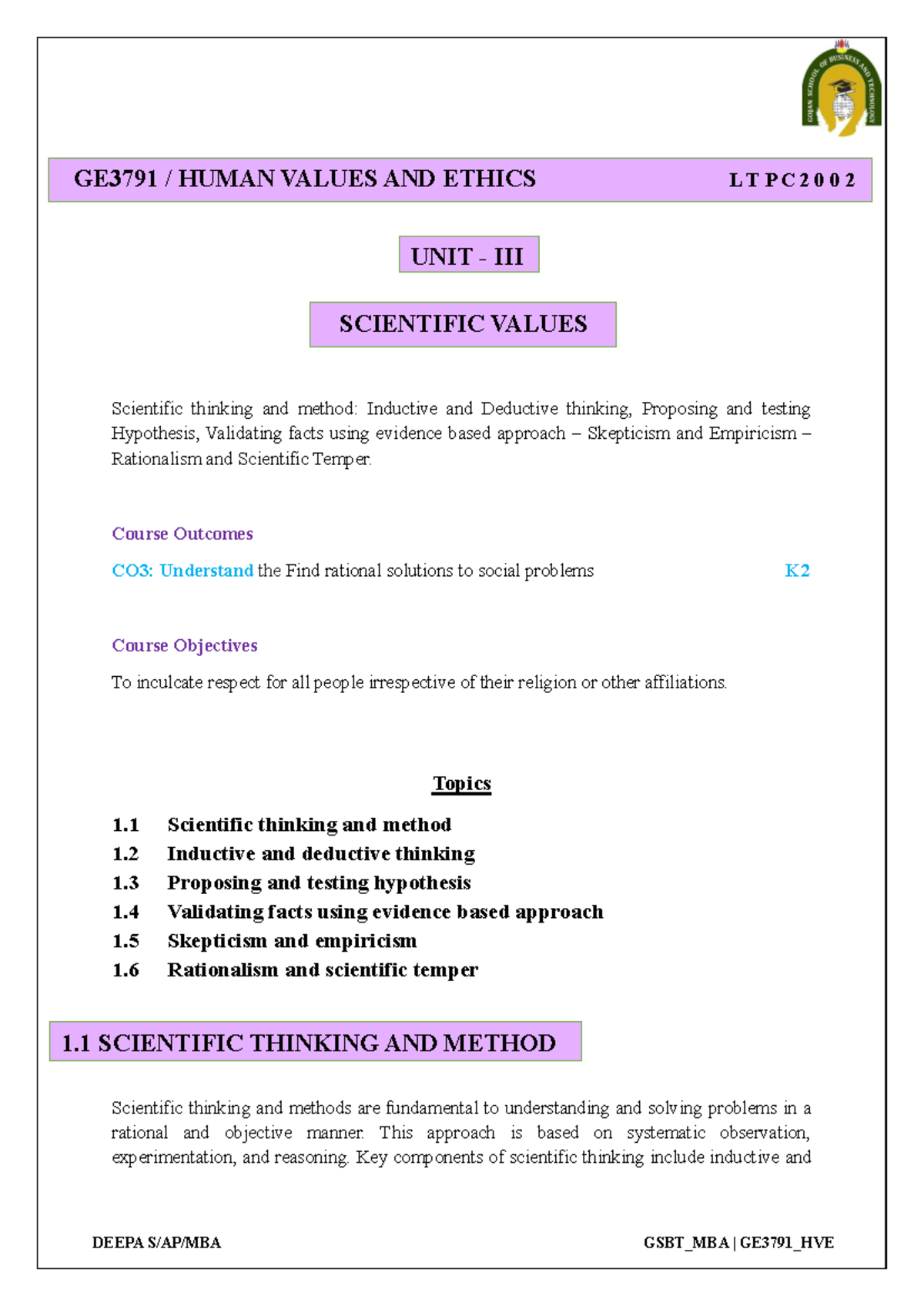 GE3791_HVE UNIT 3: Scientific Values and Thinking Methods - Studocu
