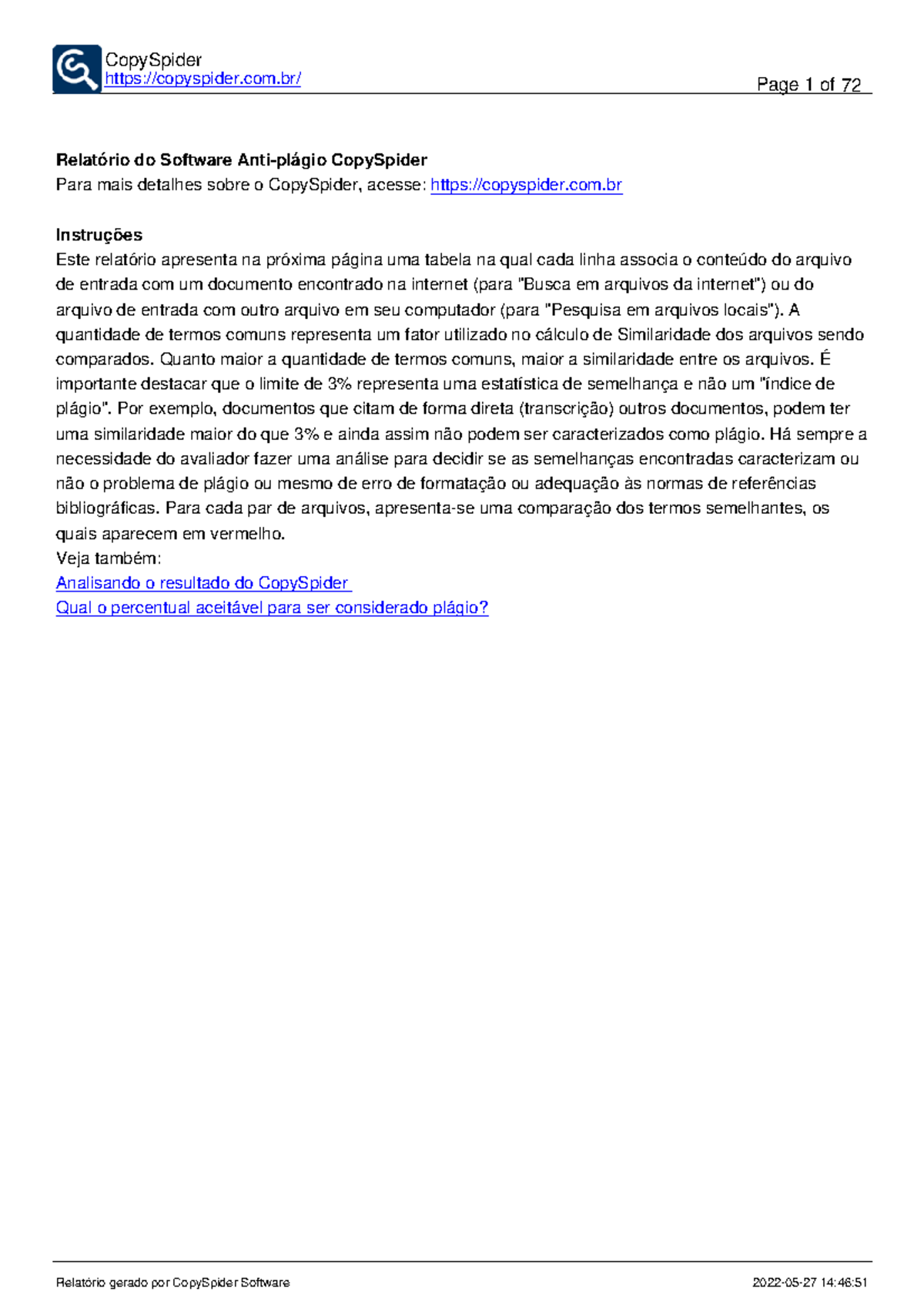 Relatório Anti-Plágio TCC: Análise de Similaridade do CopySpider - Studocu