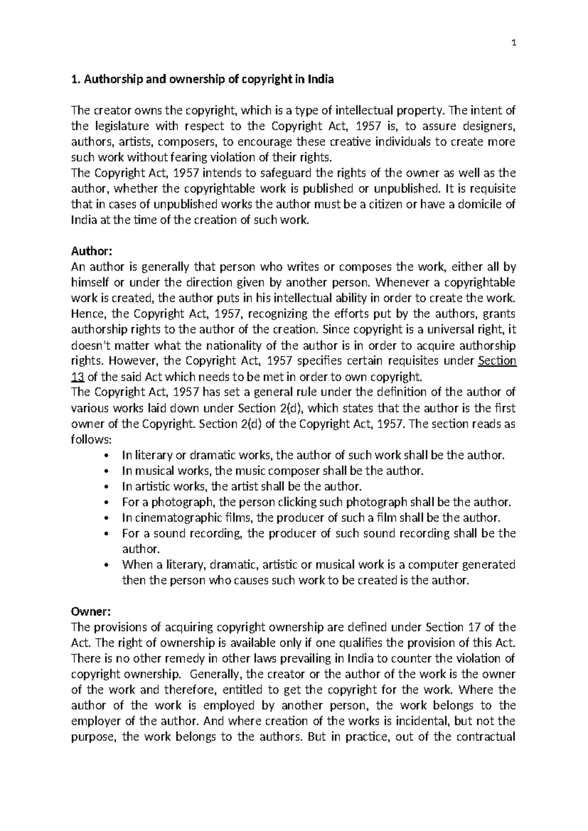 Copyright Notes Final - 1. Authorship and ownership of copyright in ...