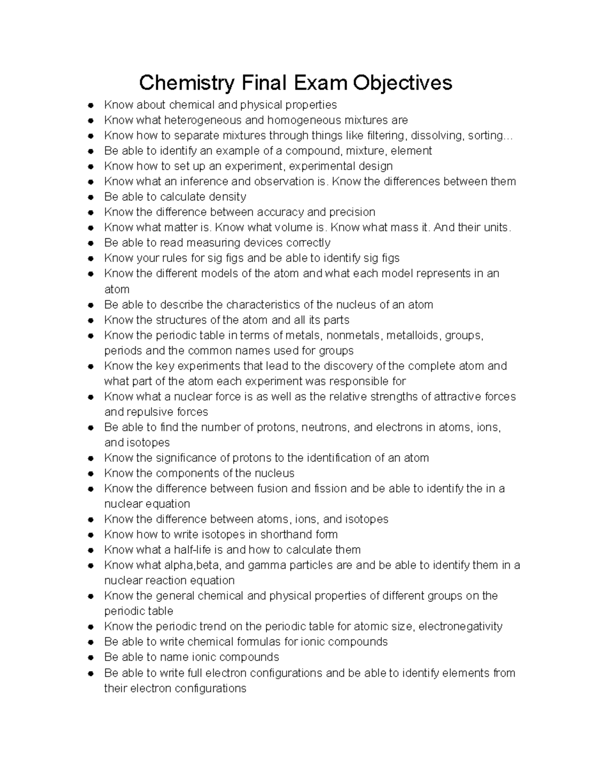 Chemistry 101 Final Exam Study Concepts and Objectives - Studocu