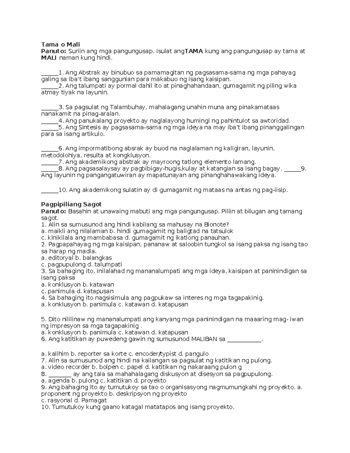 Tama o Mali: Pagsusuri ng mga Pangungusap para sa EXAM Larang - Studocu