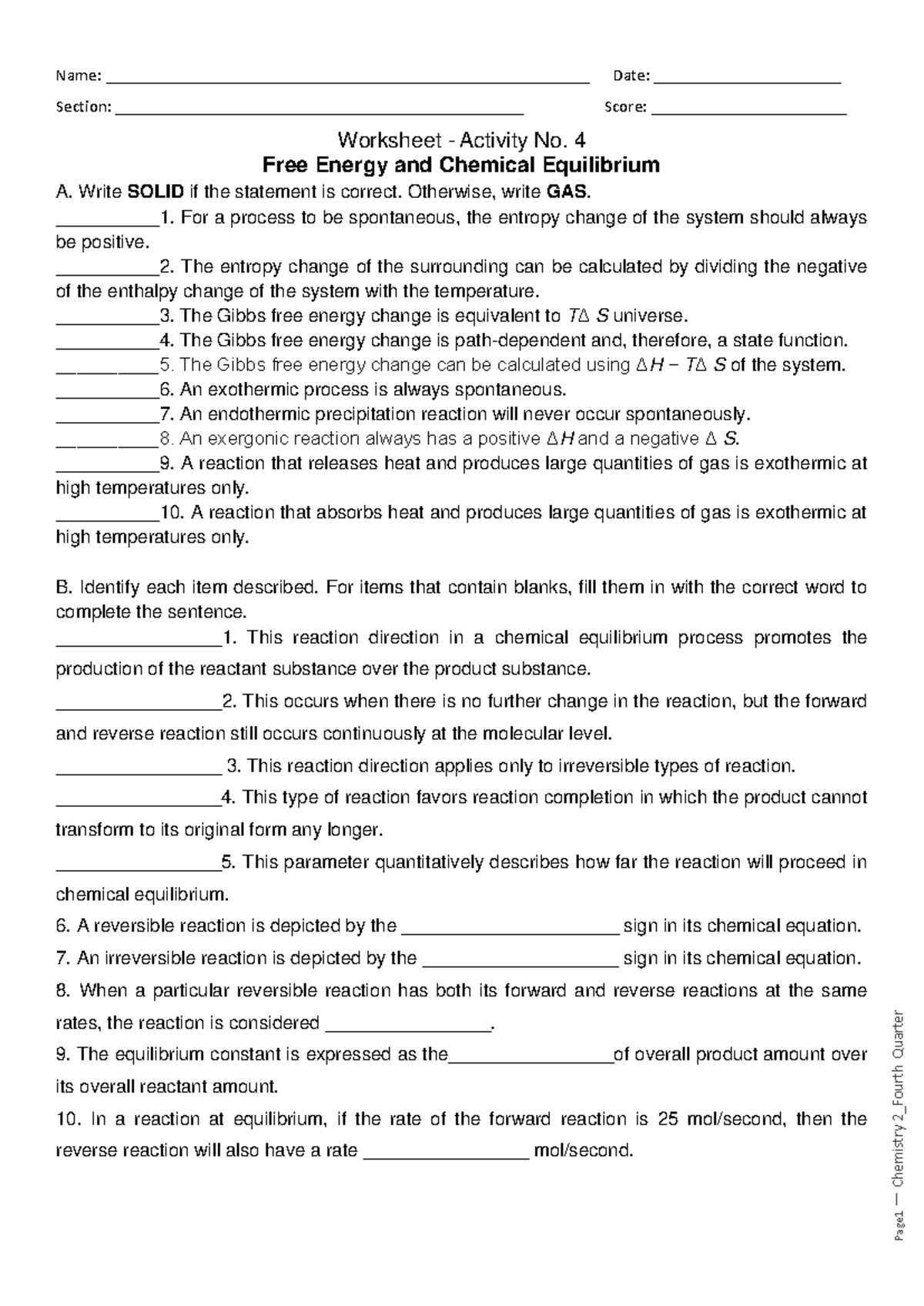 A4-Chemistry 2: Free Energy & Chemical Equilibrium Worksheet - Studocu
