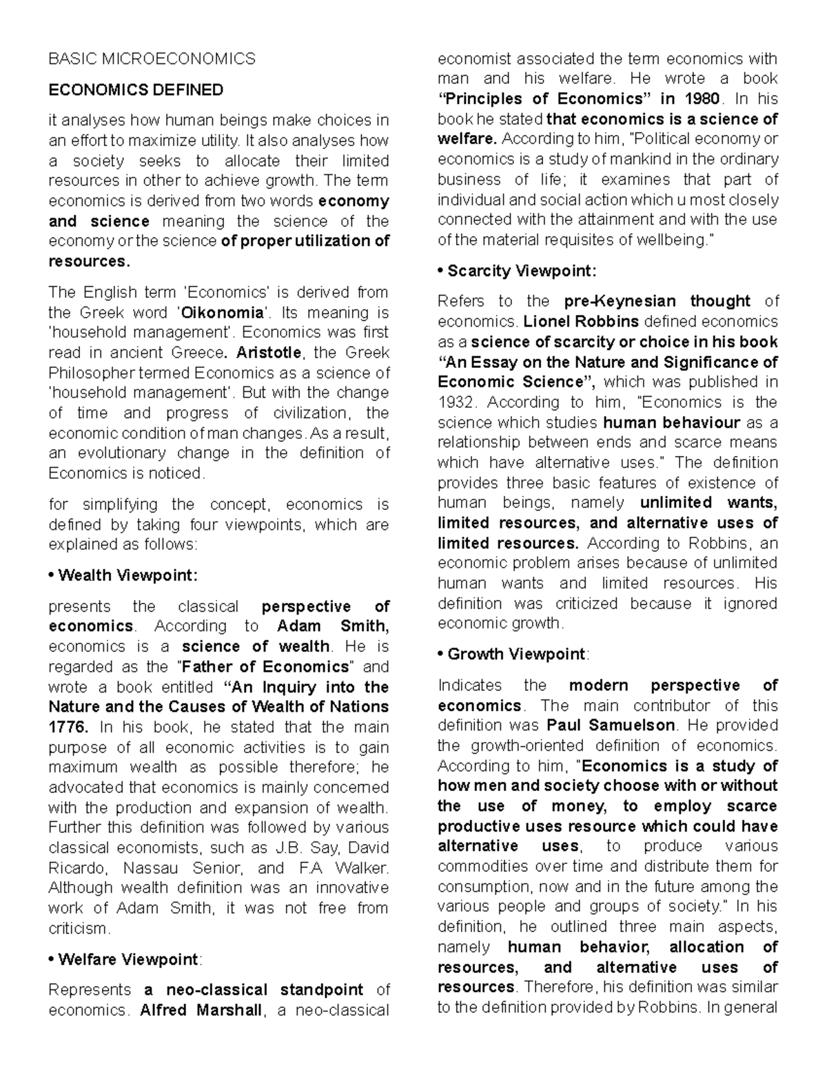 BASIC MICROECONOMICS: Understanding Economic Definitions and ...