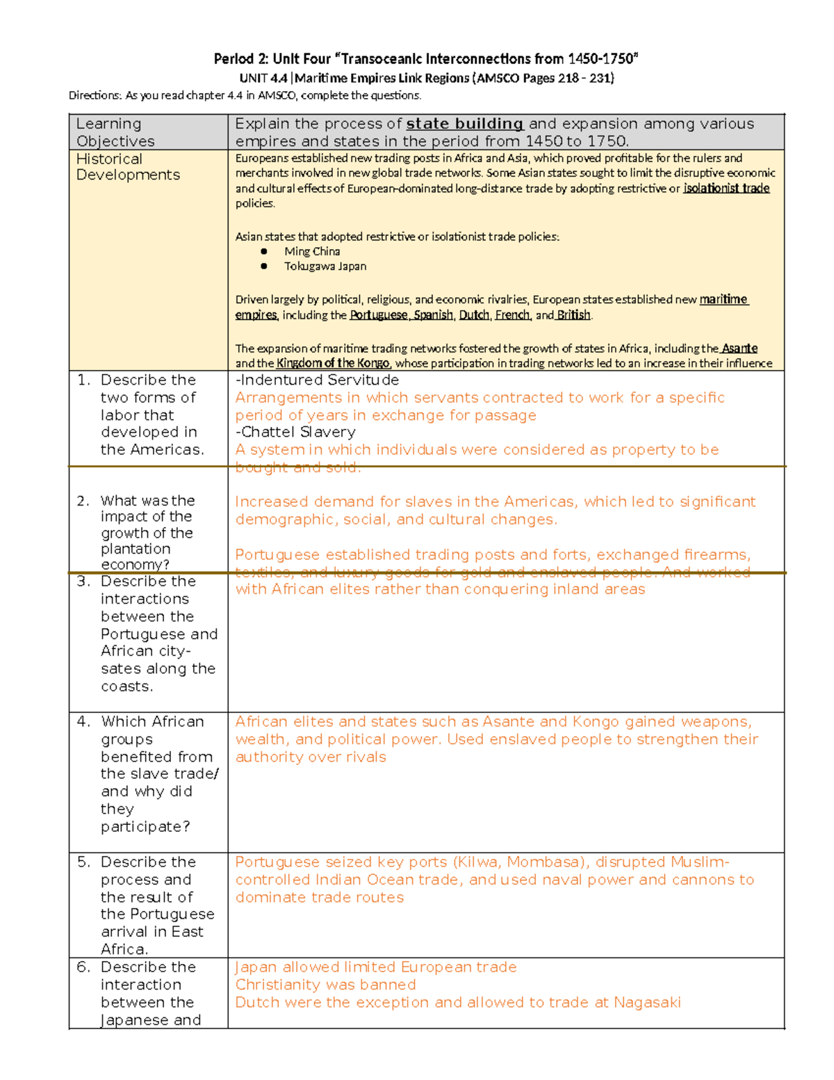 AMSCO 4: Unit 4 Interconnections & Empires (1450-1750) Study Guide ...