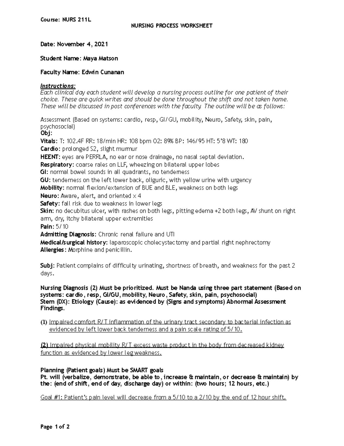 Nursing Process Week 1 - sample worksheet - Course: NURS 211L NURSING ...