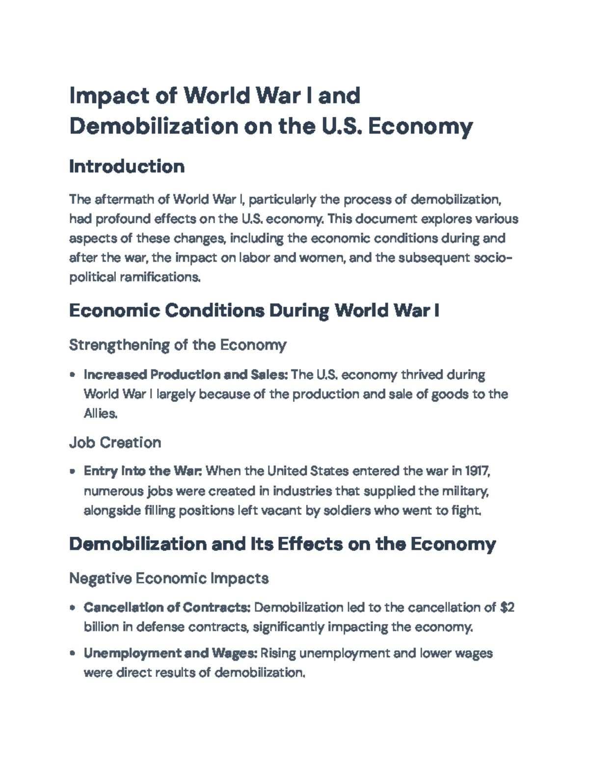 Impact of World War I and Demobilization on the U.S. Economy Analysis ...