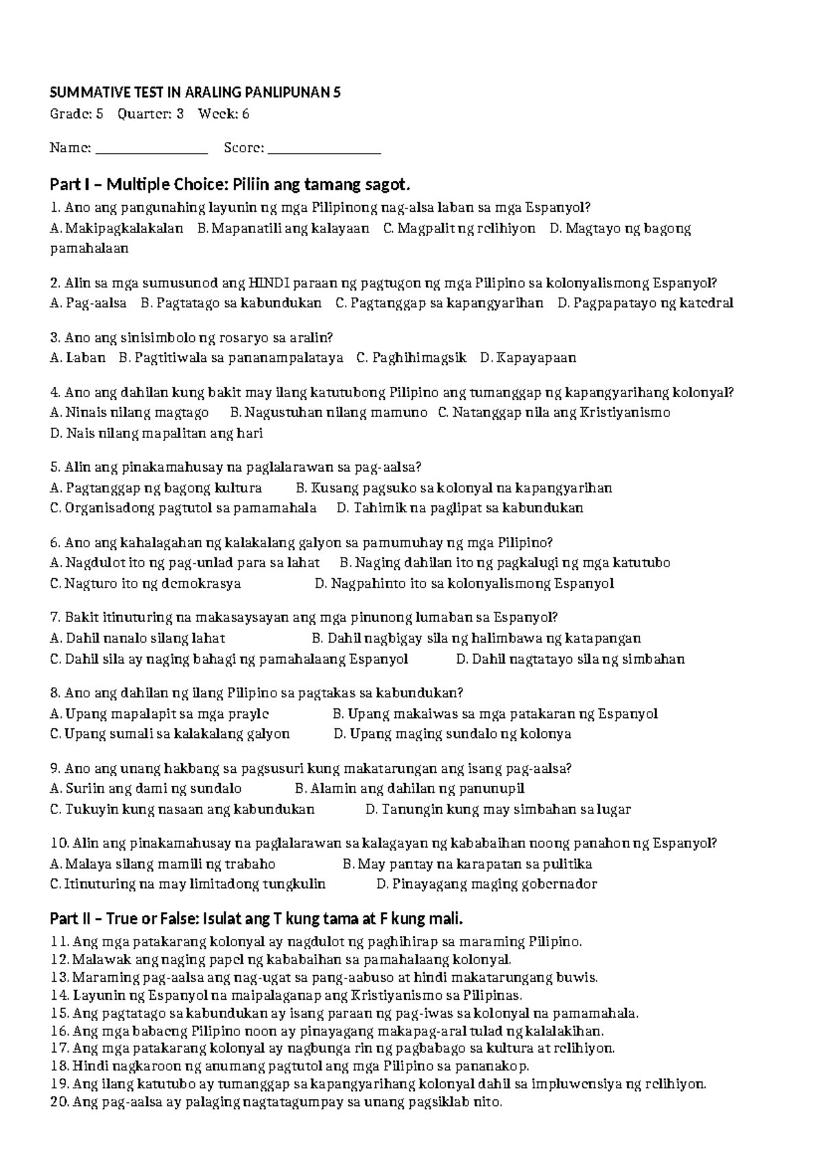 SUMMATIVE TEST IN ARALING PANLIPUNAN 5 Q3 W6 - Sample Test - Studocu