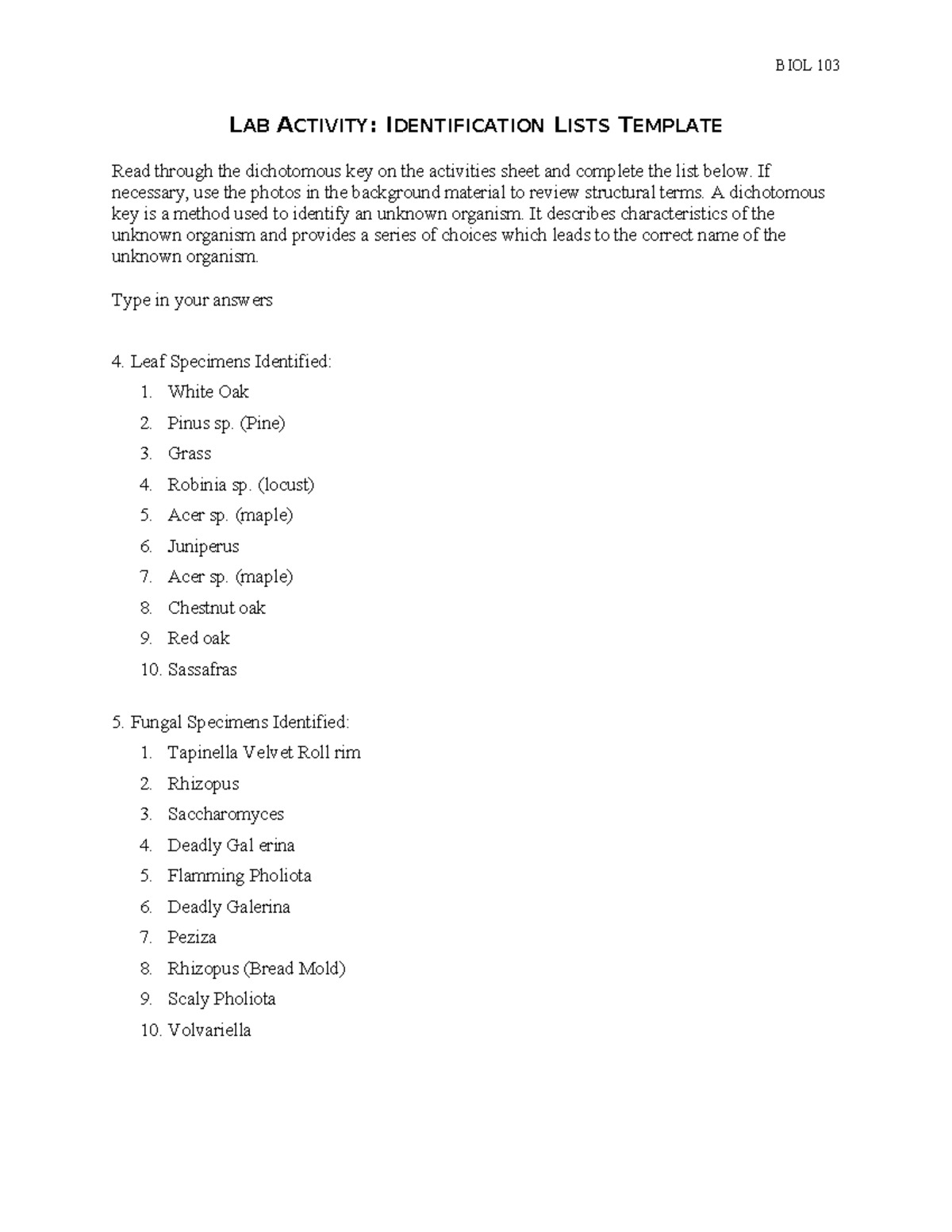 BIOL 103 Lab Activity: Identification Lists Template and Guide - Studocu