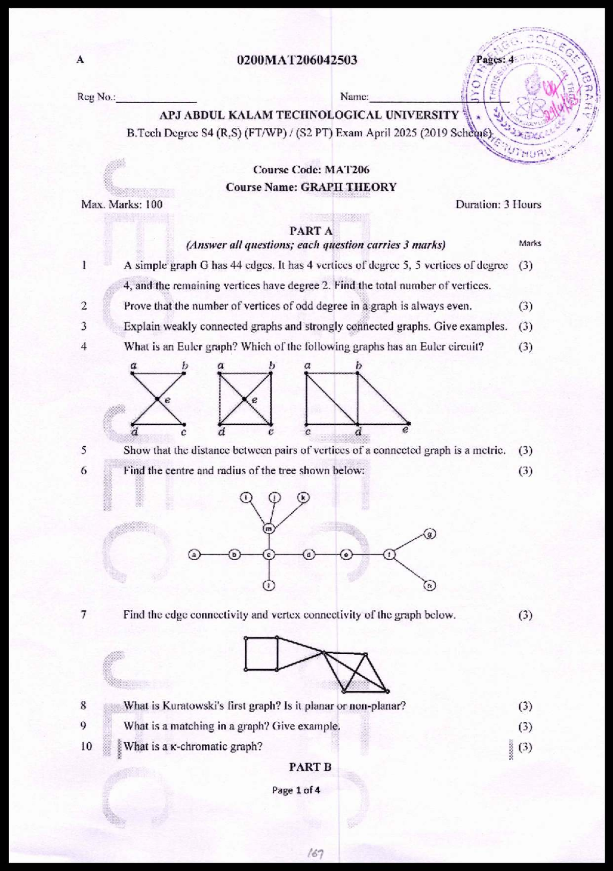 MAT206 Graph Theory Exam Questions & Solutions (B. Tech S4) - Studocu