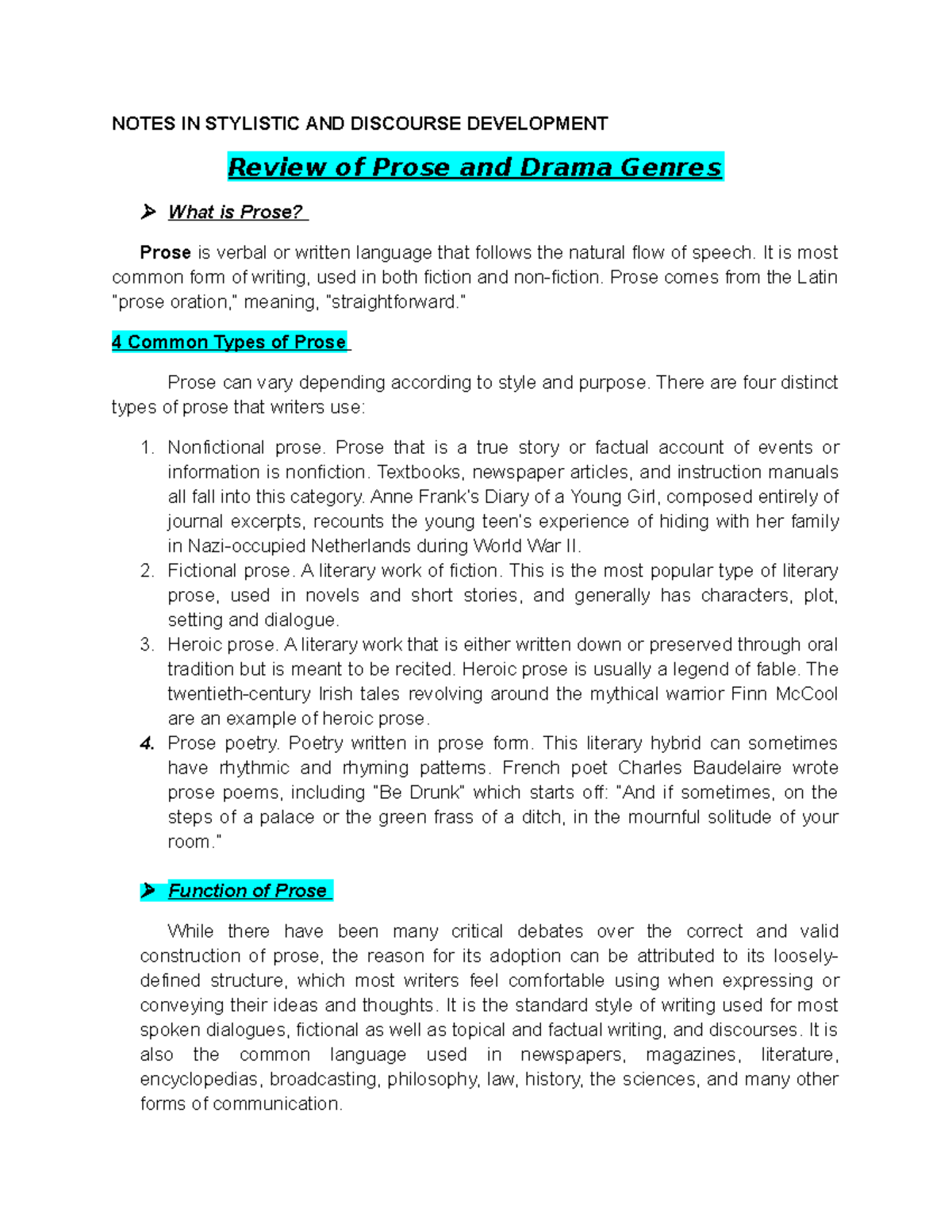 Review of Prose and Drama Genres: Notes on Key Literary Elements - Studocu