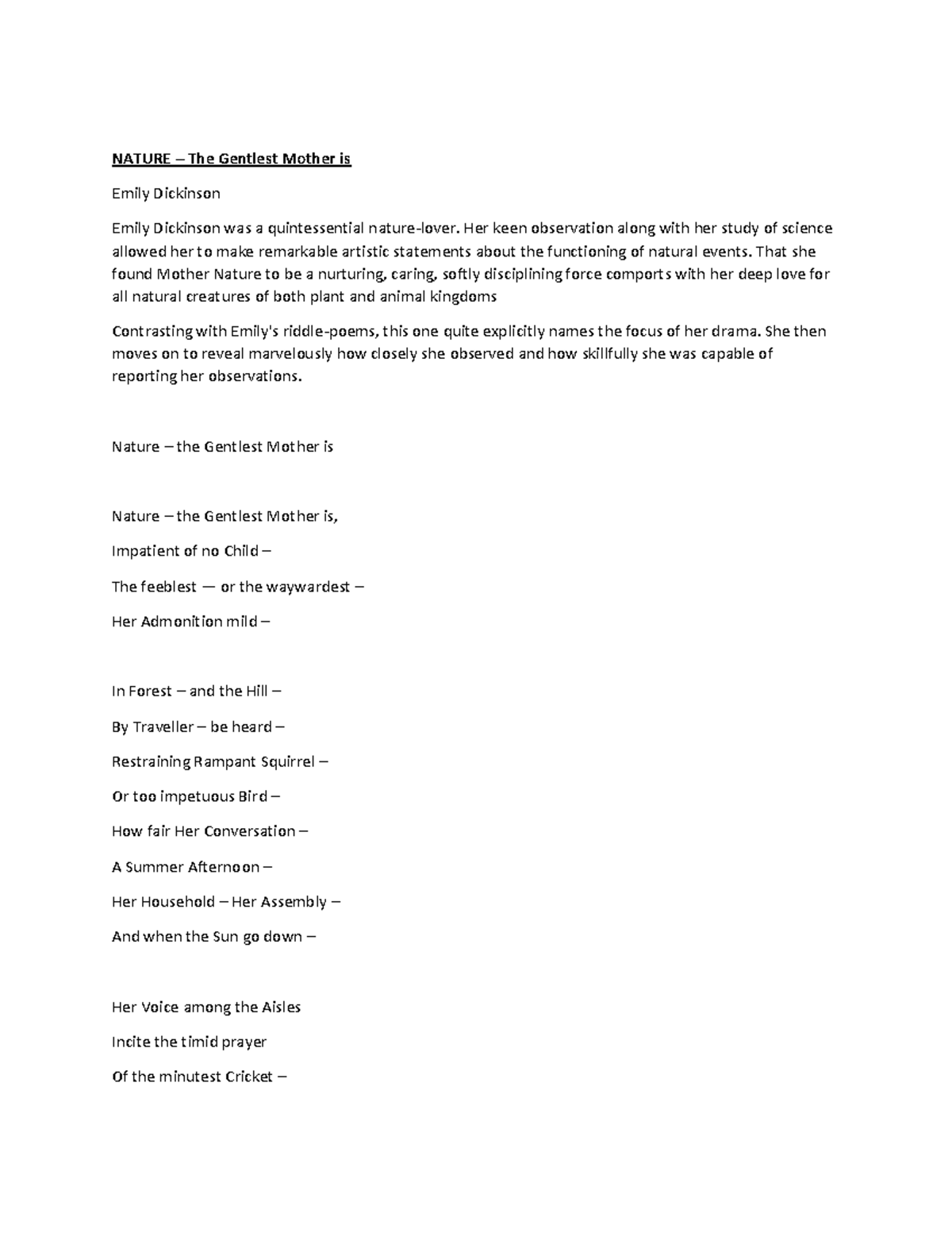 Analysis of Emily Dickinson's Poem "Nature - the Gentlest Mother" - Studocu