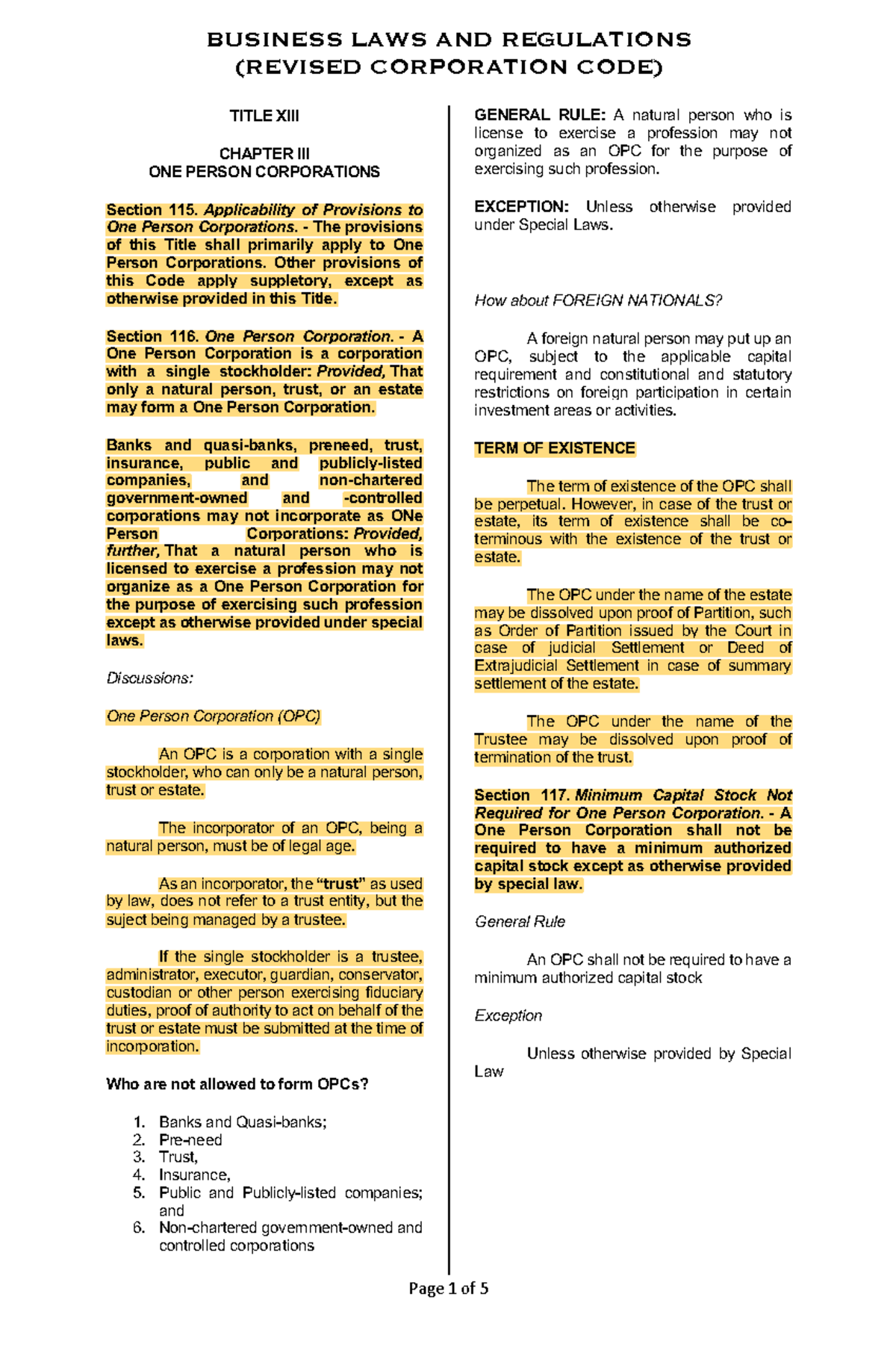 Revised Corporation Code: One Person Corporations Overview - Studocu