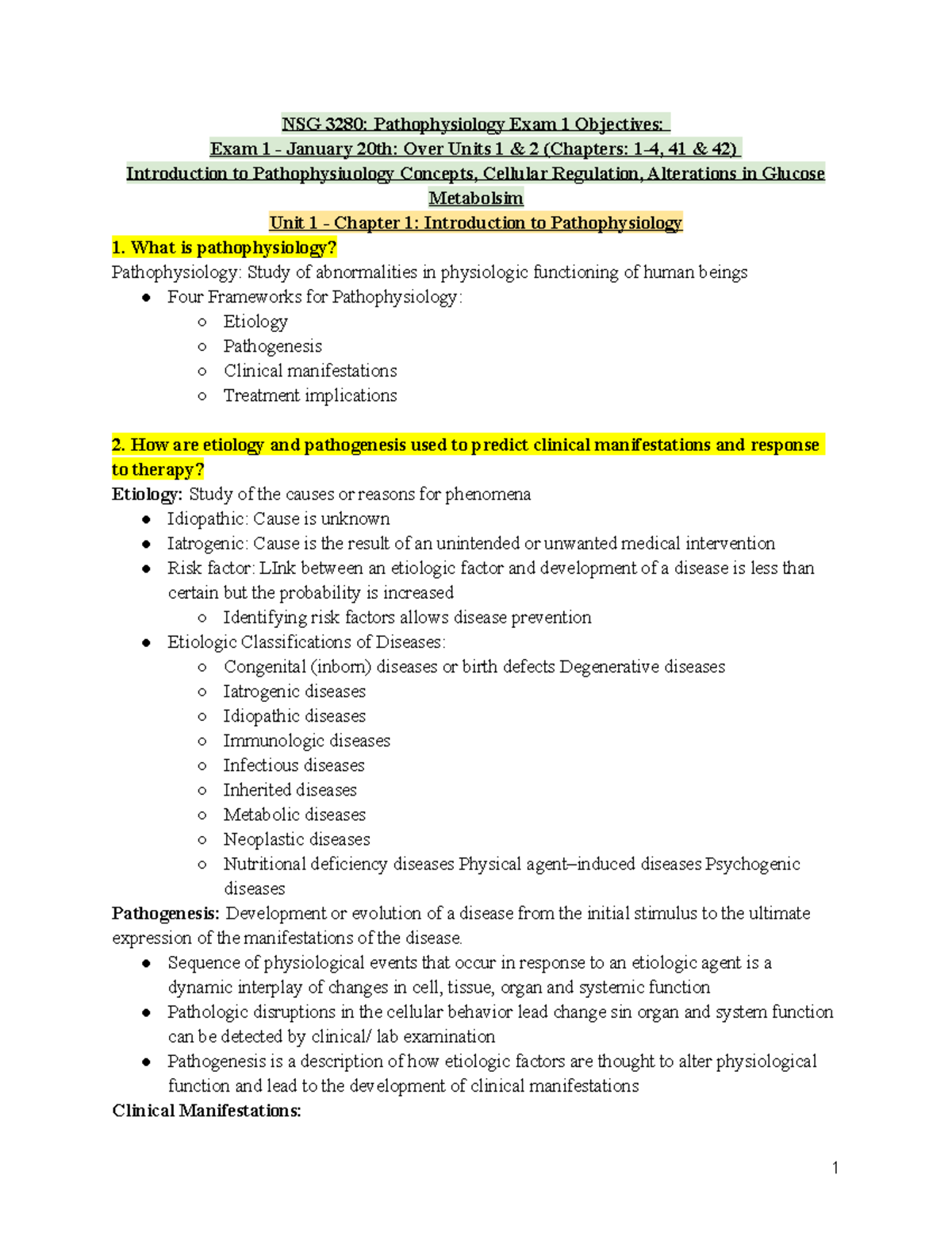 NSG 3280: Pathophysiology Exam 1 Study Objectives & Key Concepts - Studocu