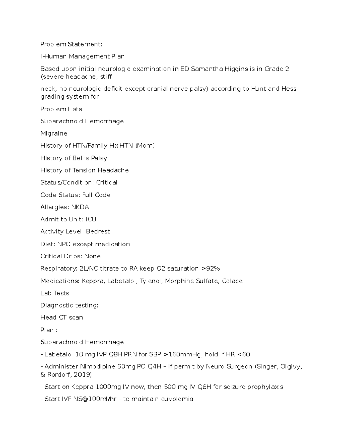 I-Human Management Plan for Severe Headache (Case Study) - Studocu