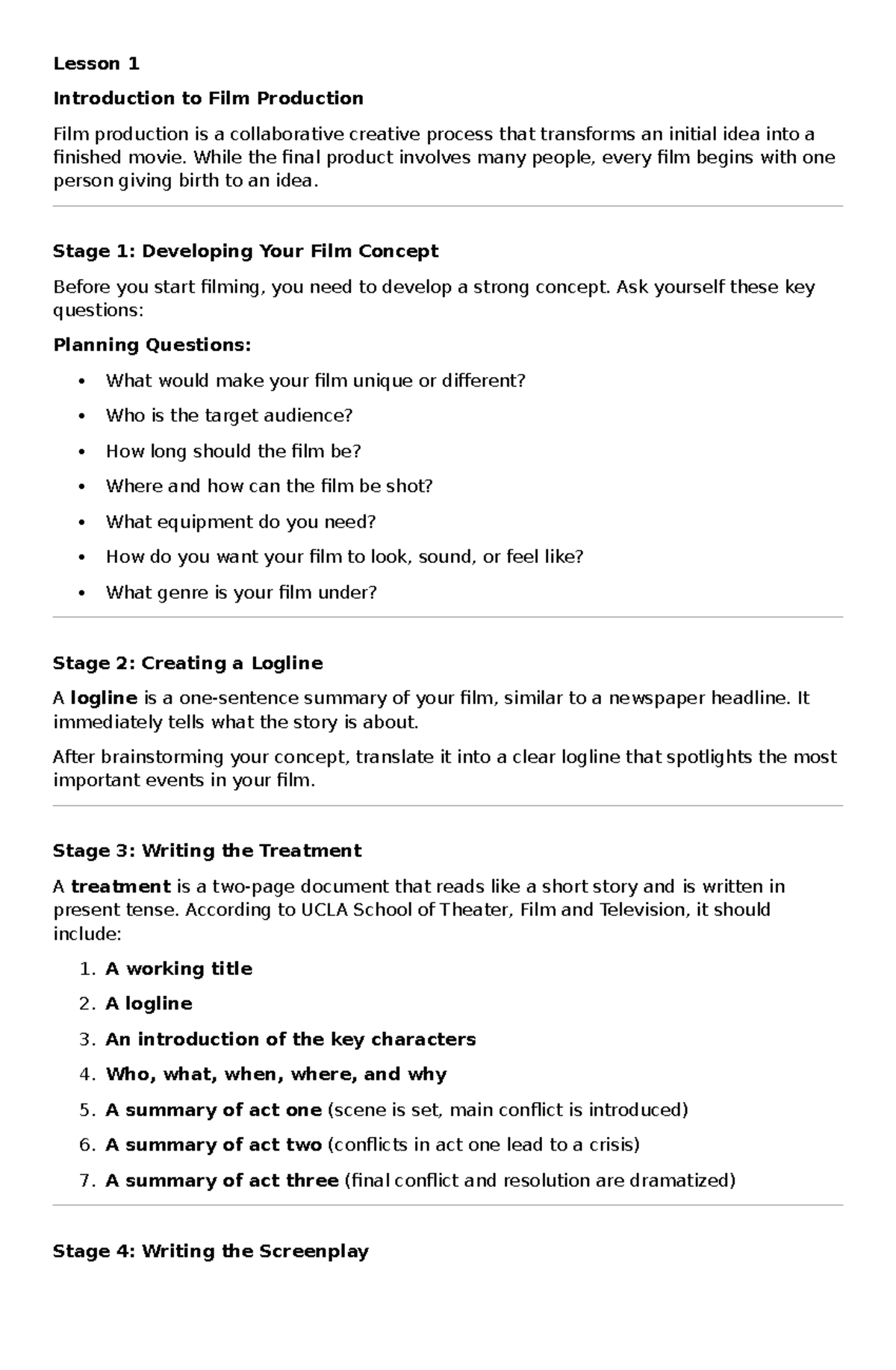 FILM 101: Lesson 1 - Intro to Film Production Techniques - Studocu