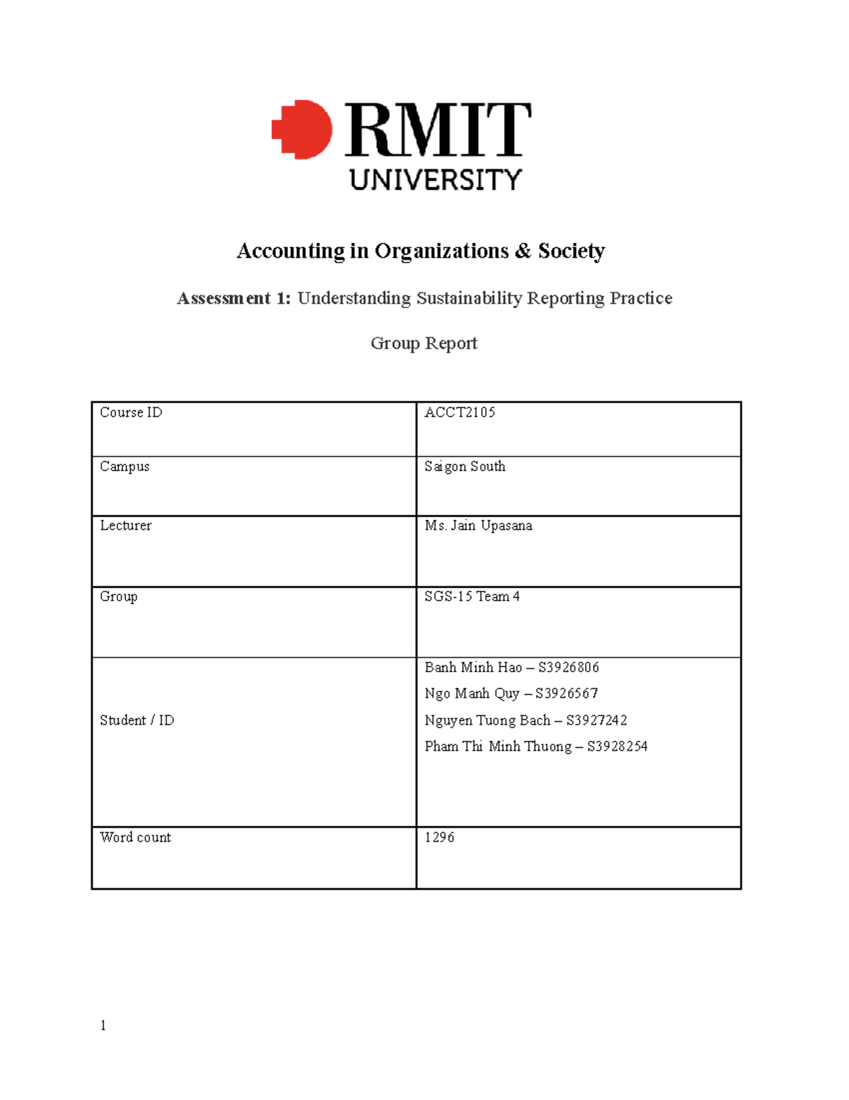Acct Assignment 2 SGS15 Team 4 8 - Accounting in Organizations Society ...