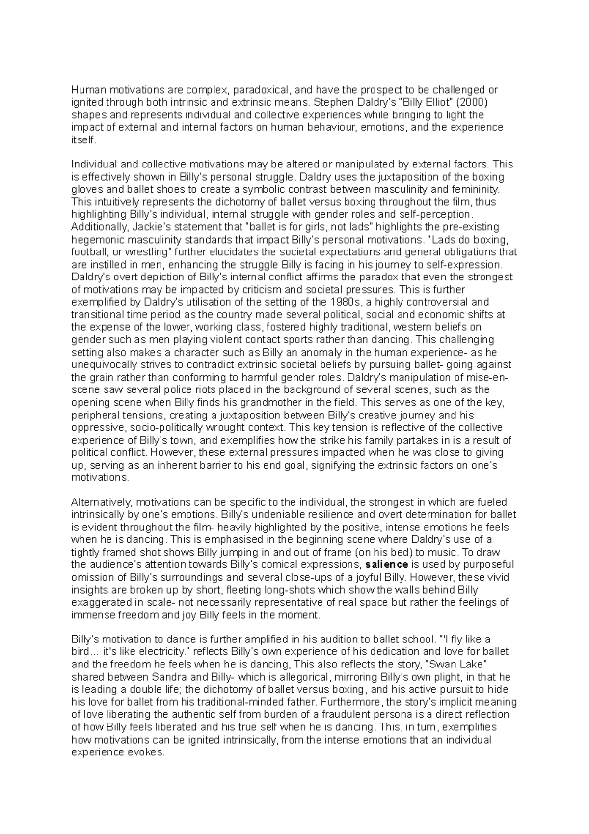 Billy Elliot Essay "Texts & Human Experiences" - Human motivations are ...
