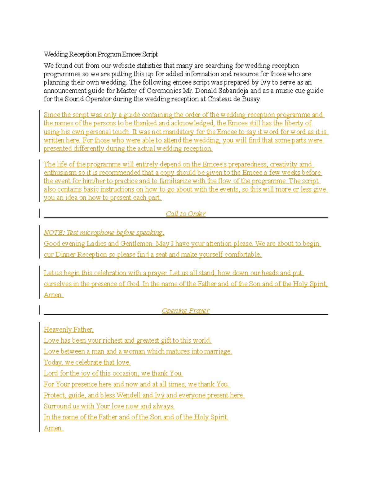 Wedding Reception Emcee Script for Wendell and Ivy - Studocu