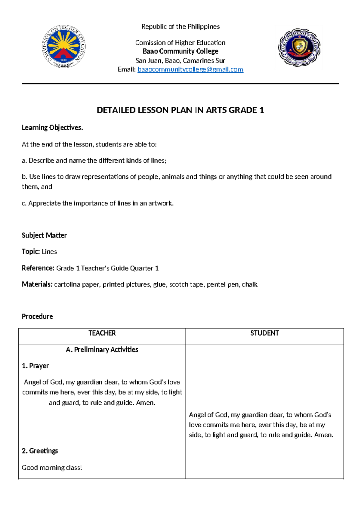 Detailed Lesson Plan in Arts for Grade 1: Understanding Lines - Studocu