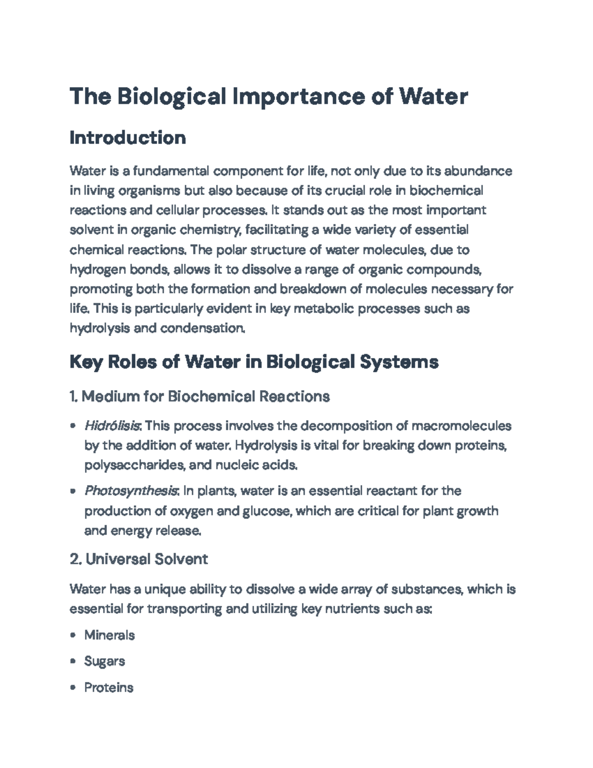 The Biological Importance of Water: Key Roles in Life Processes (BIO101 ...