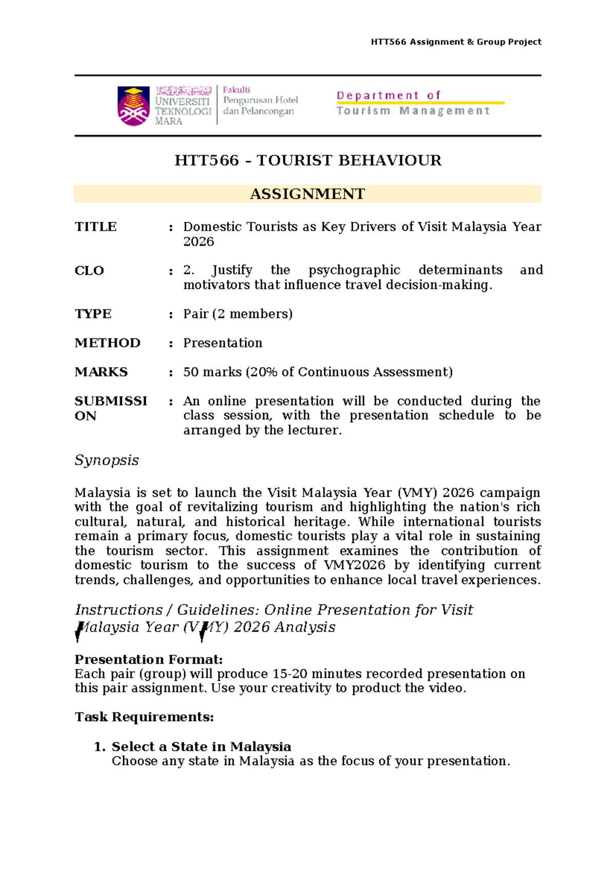HTT566 Group Project: Domestic Tourists & VMY2026 Analysis - Studocu