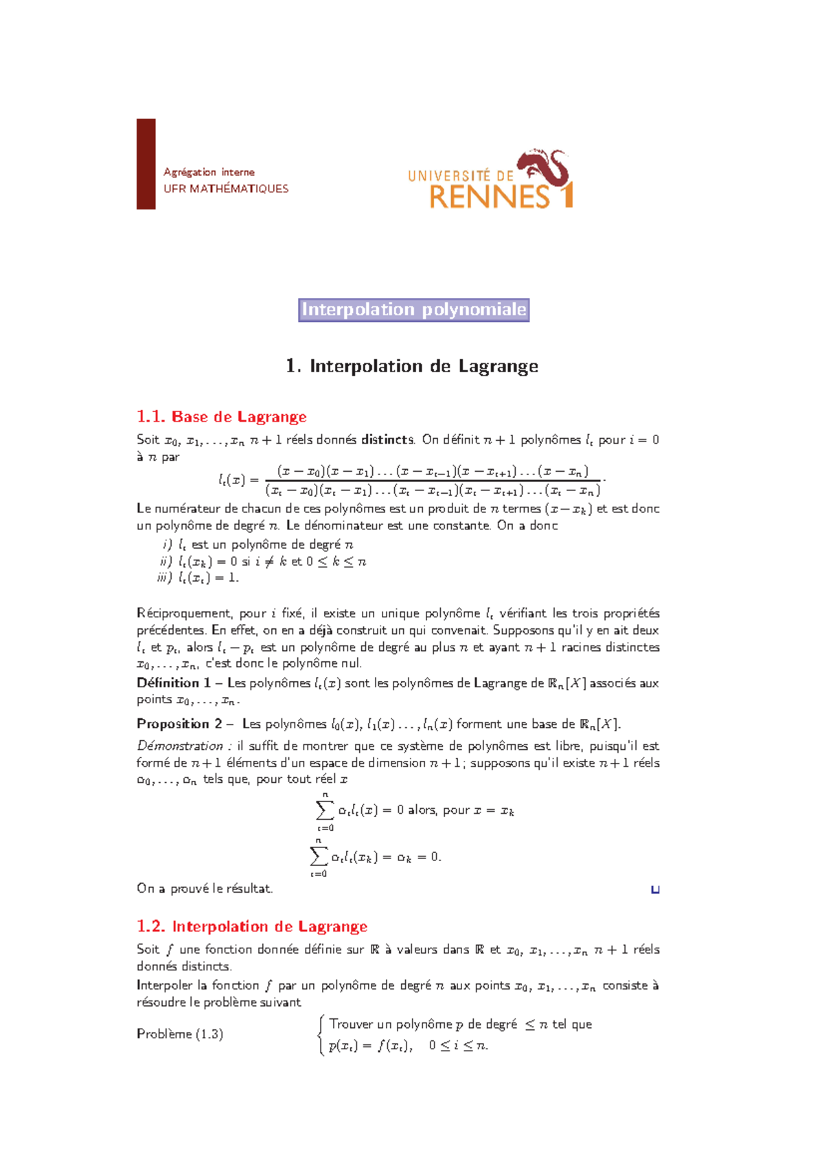 Interpolation Polynomiale et Estimation d'Erreur - UFR MATH ́EMATIQUES - Studocu