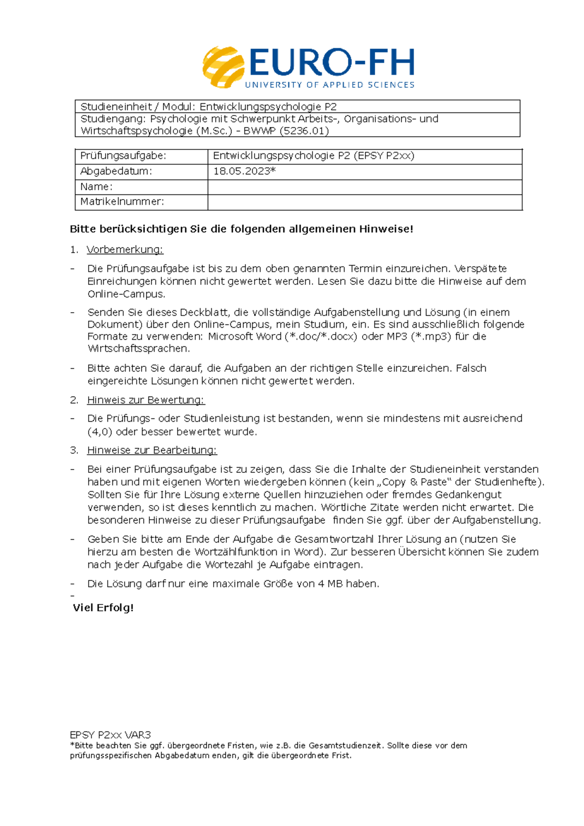 Prüfung EPSY P2xx, Variante VAR3 Studocu Note 1 - Studieneinheit ...
