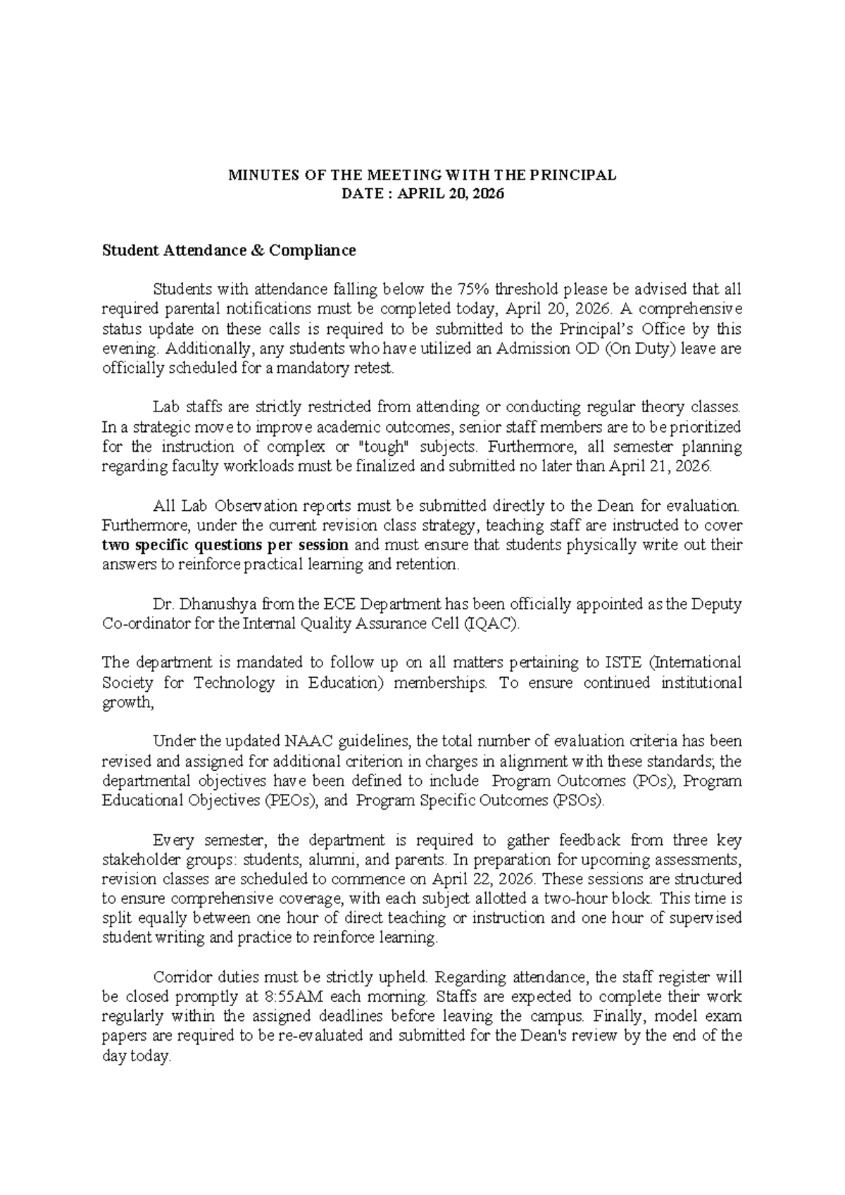 Minutes of Meeting with Principal - Attendance & Academic Updates (20-4 ...