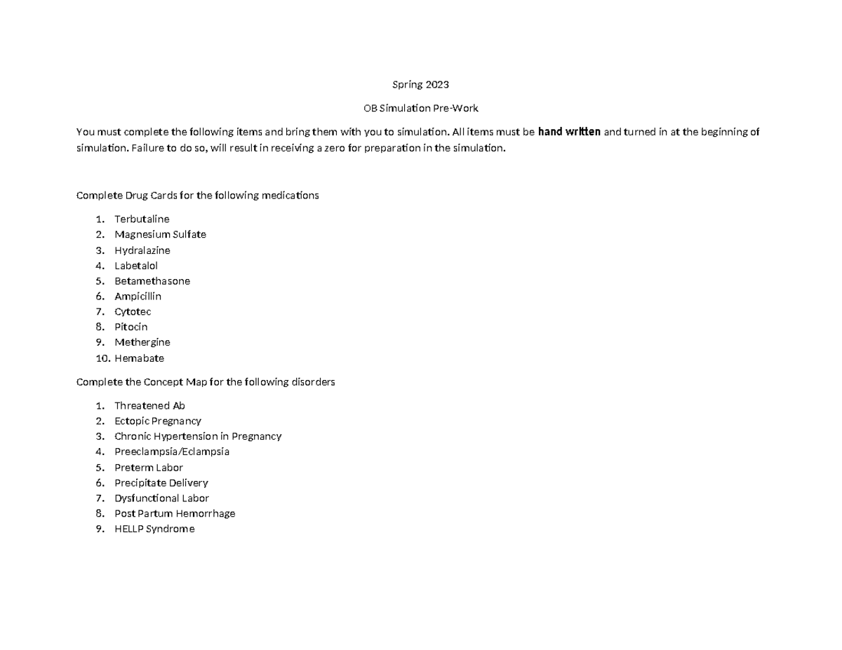 Spring 2023 High Risk OB Simulation Prework Requirements - Studocu