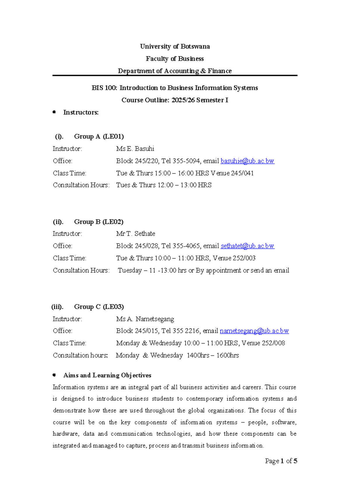 BIS 100: Course Outline for Introduction to Business Information ...