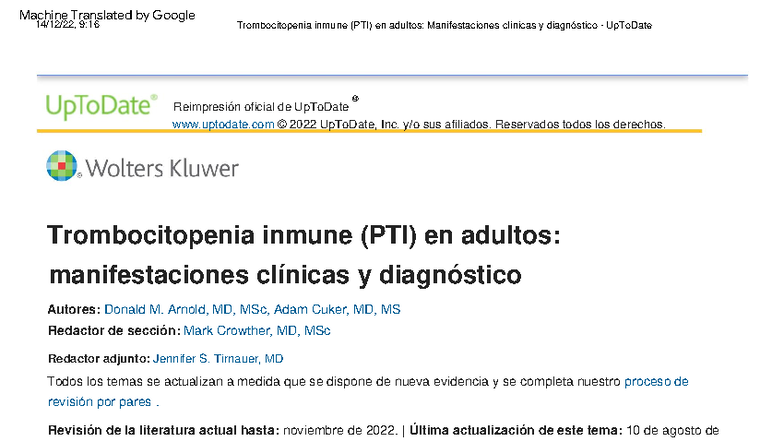 Trombocitopenia Inmune (PTI) en Adultos: Manifestaciones Clínicas y ...