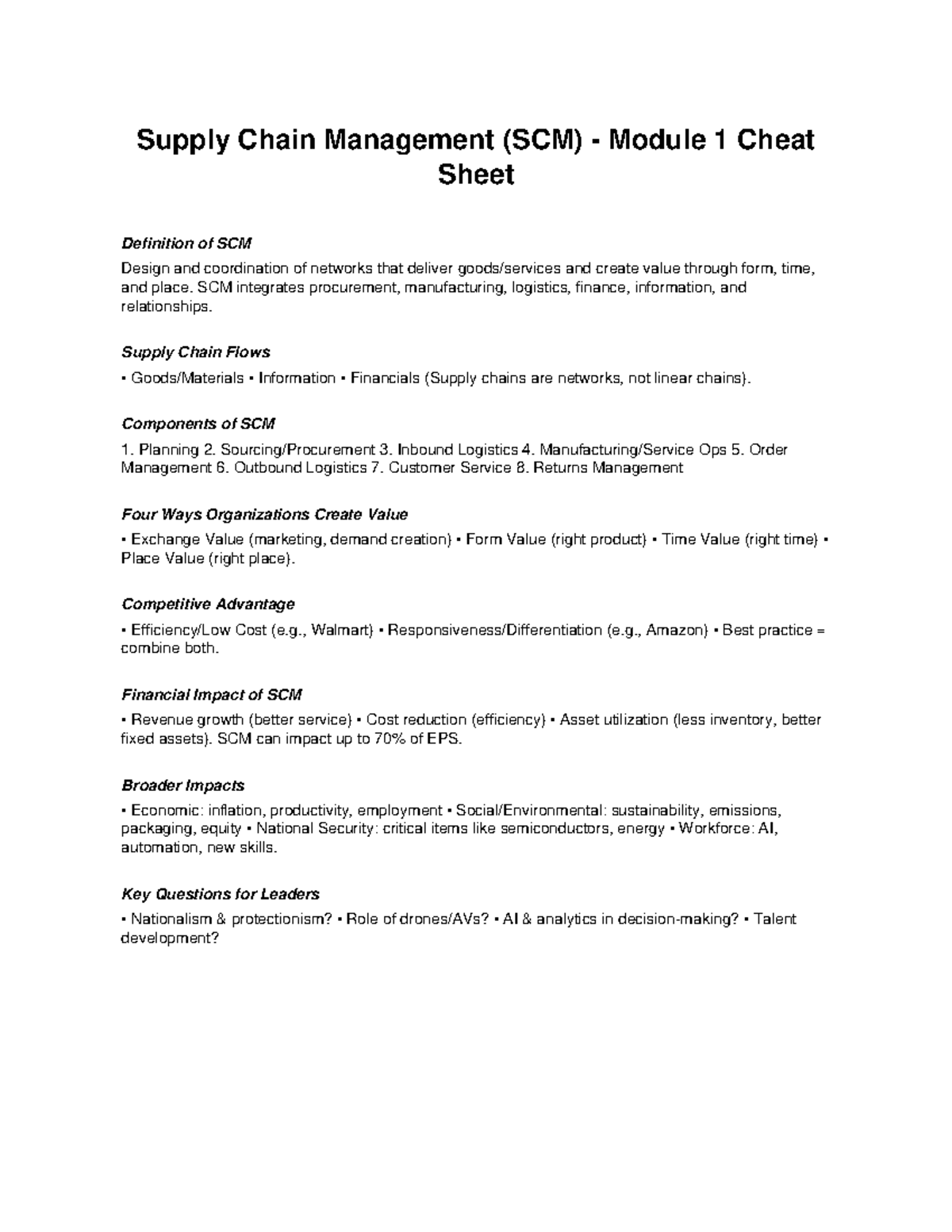 SCM Module 1 Cheat Sheet: Key Concepts & Value Creation - Studocu