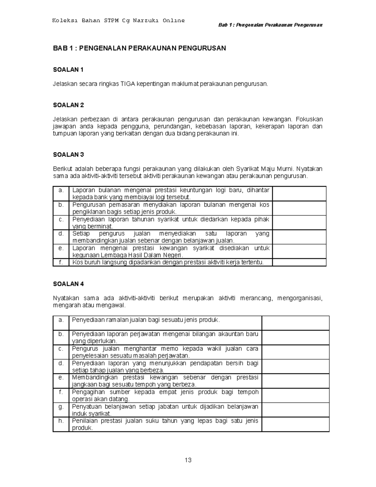 STPM 2023: Bab 1 - Pengenalan Perakaunan Pengurusan Soalan Tutorial ...