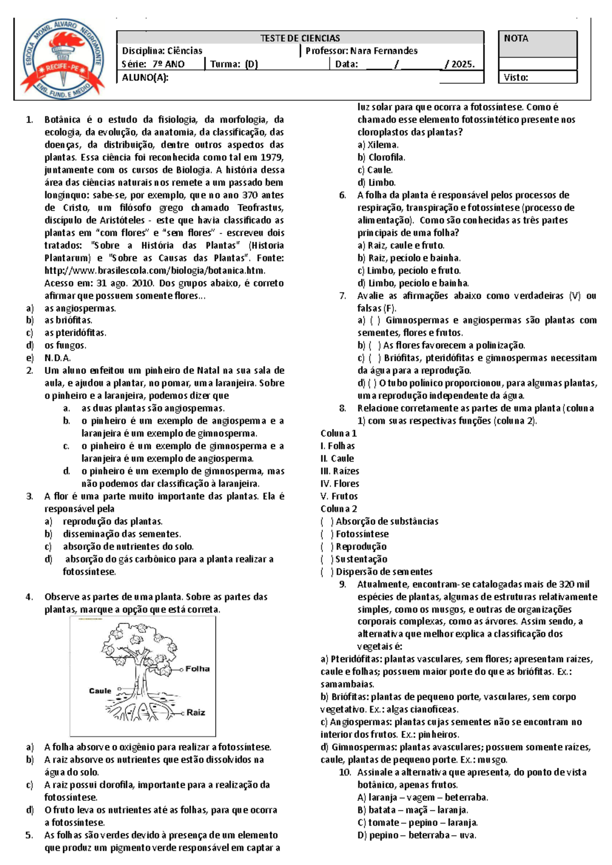 Teste de Ciências 7º ANO - Botânica e Classificação das Plantas - Studocu